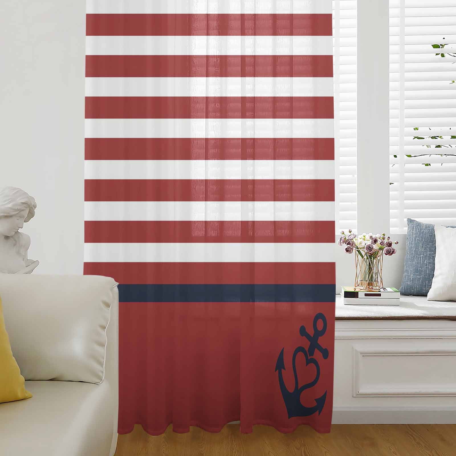 Nautical Anchor Window Curtain 96 Inches Long,Red White Geometric ...