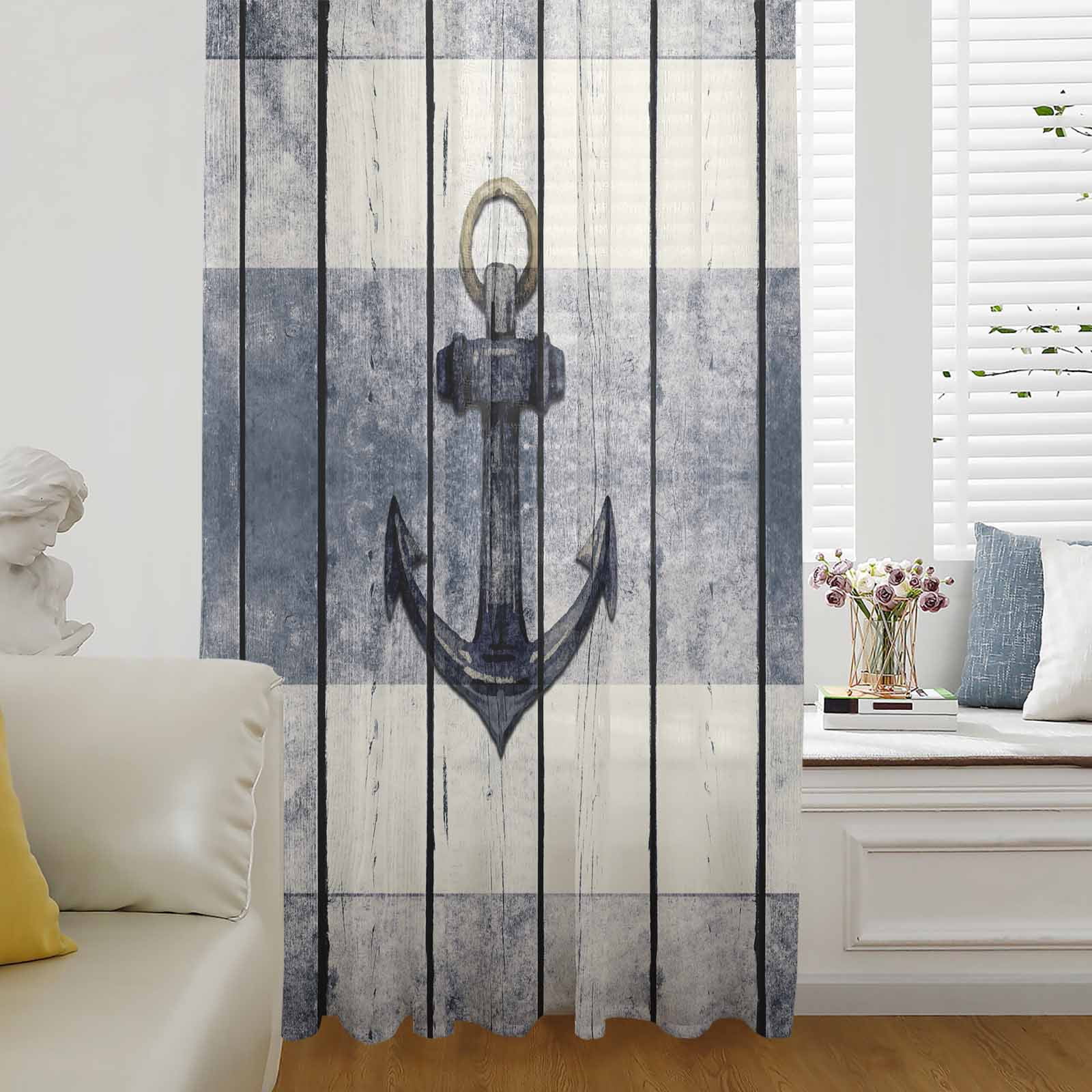 Nautical Anchor Window Curtain 96 Inches Long, Retro Farmhouse Wooden ...
