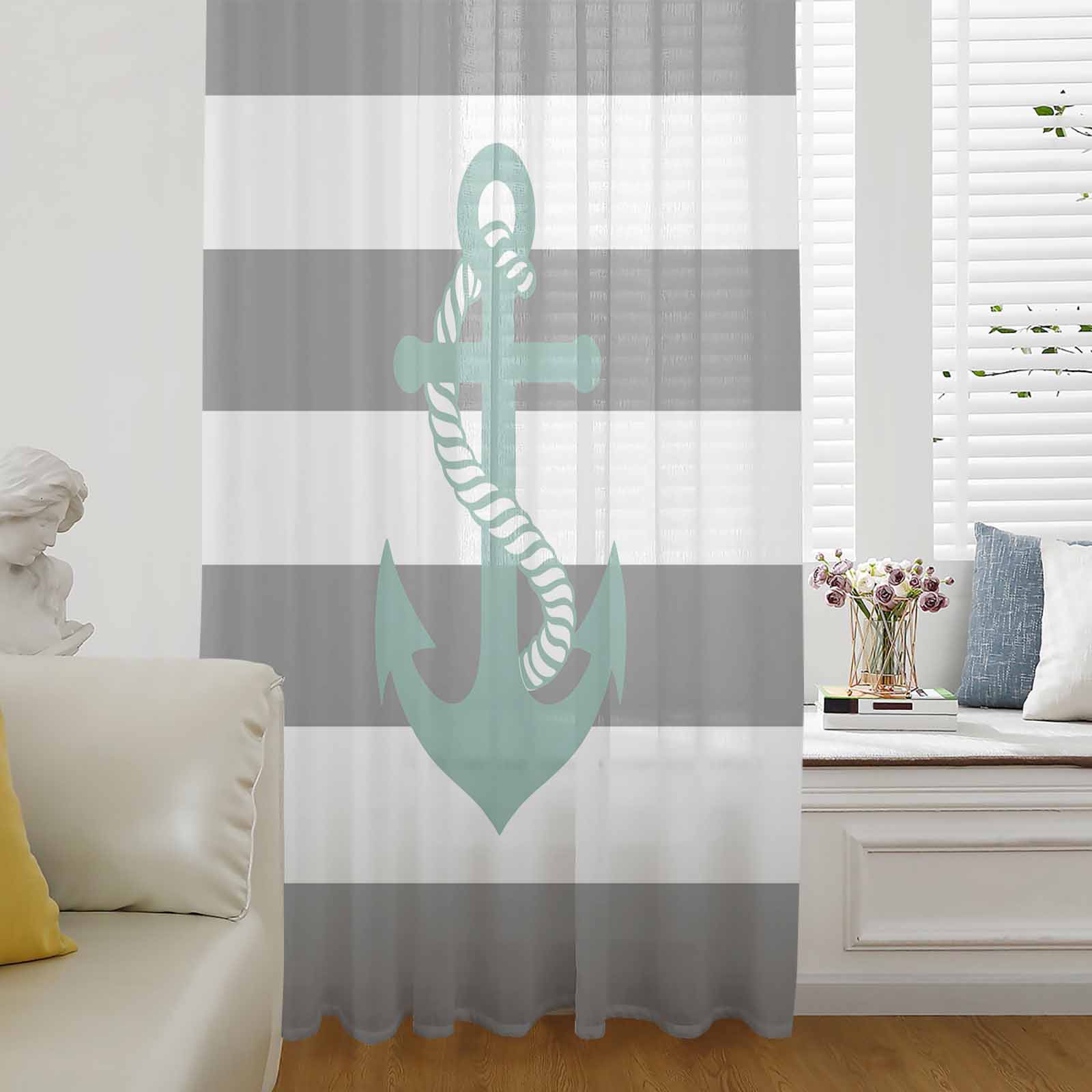 Nautical Anchor Window Curtain 96 Inches Long,Turquoise Grey White ...