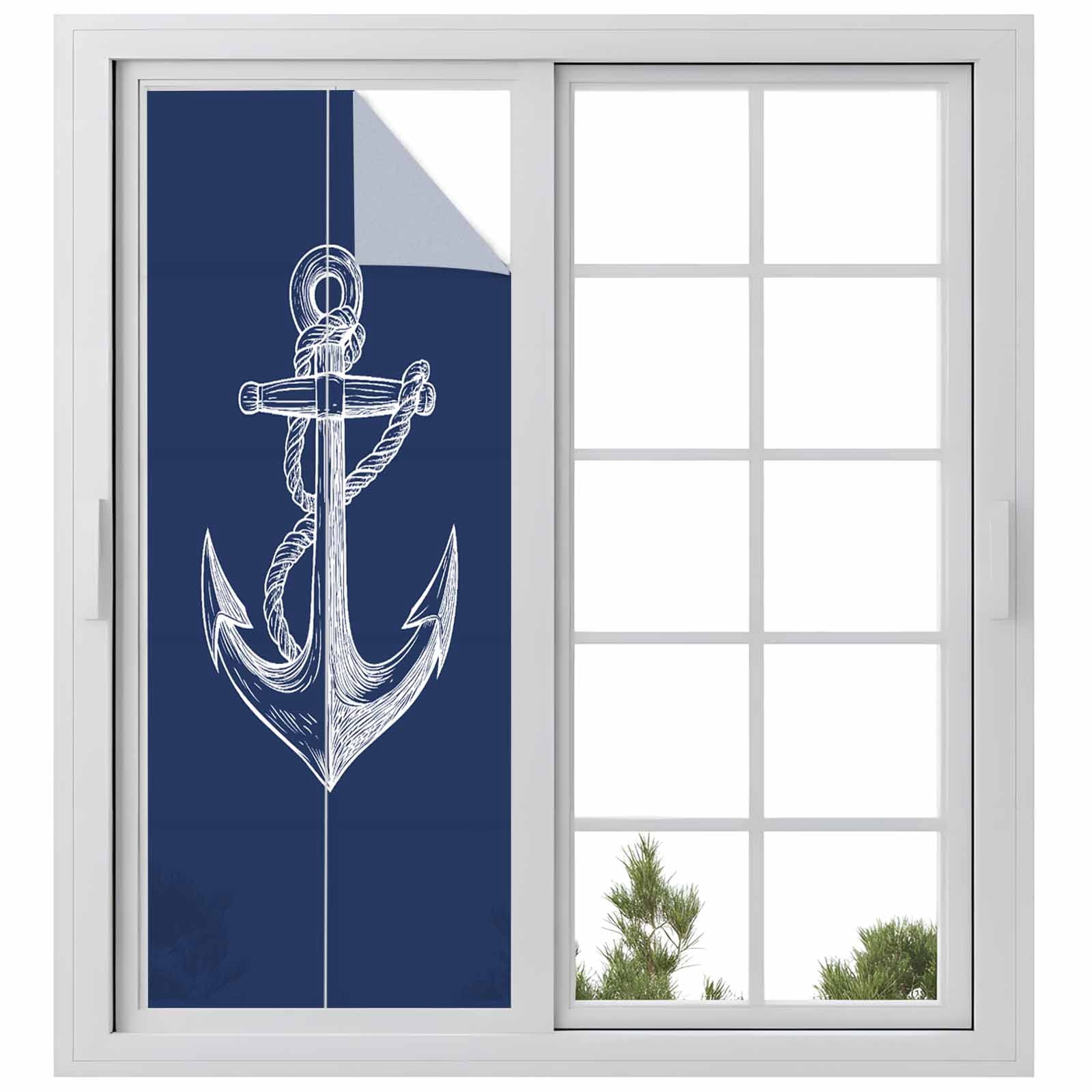 Nautical Anchor Window Privacy Film, Navy Blue Coastal Marine ...