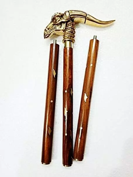 Nautical Antique Dragon Handle Walking Stick – Brass Inlay Brown Wooden ...