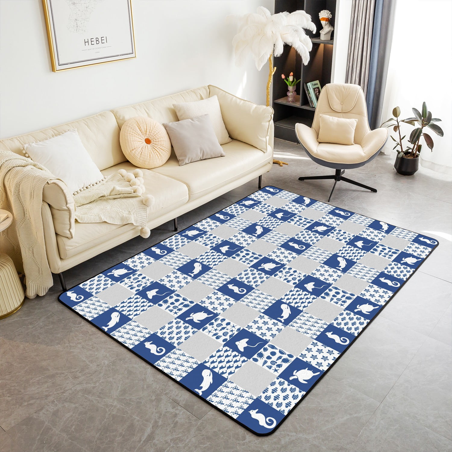 Nautical Area Rug ,Blue White Hawaii Ocean Rug 5x7 for Bedside,Coastal ...
