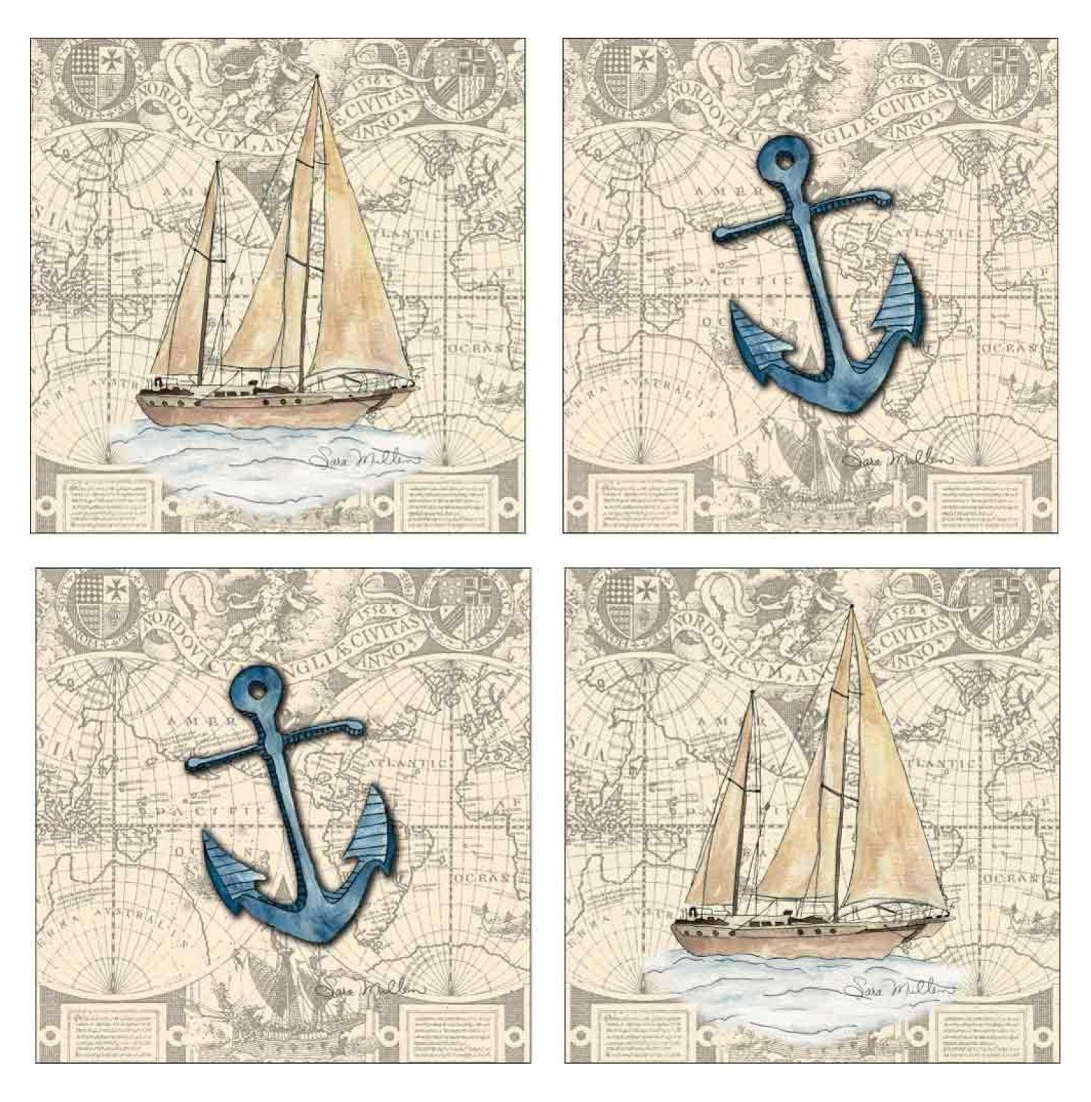 Nautical Art Accent Tile Set by Sara Mullen Sailboat Anchor Ceramic ...
