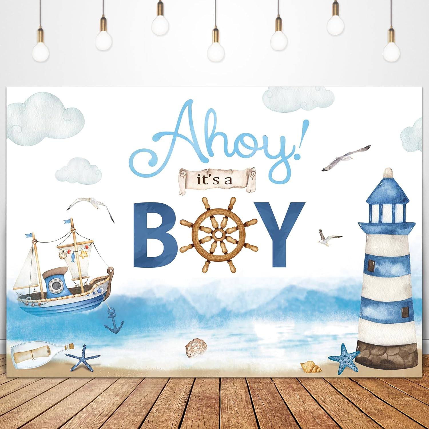 Nautical Baby Shower Backdrop Watercolor Beach Seashell Ocean ...