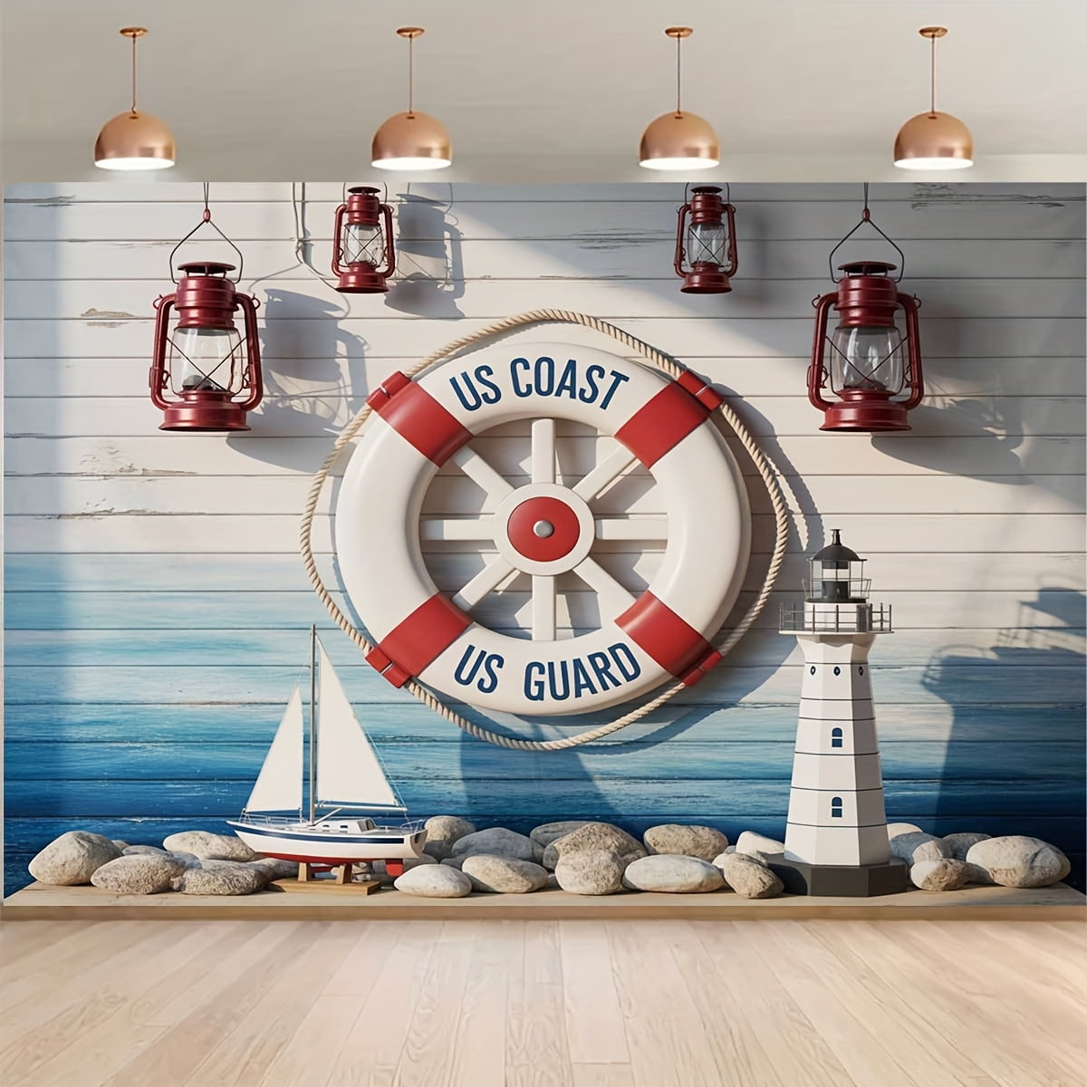 Nautical Backdrop Life Buoy Boat Blue Wooden Background Sailor ...