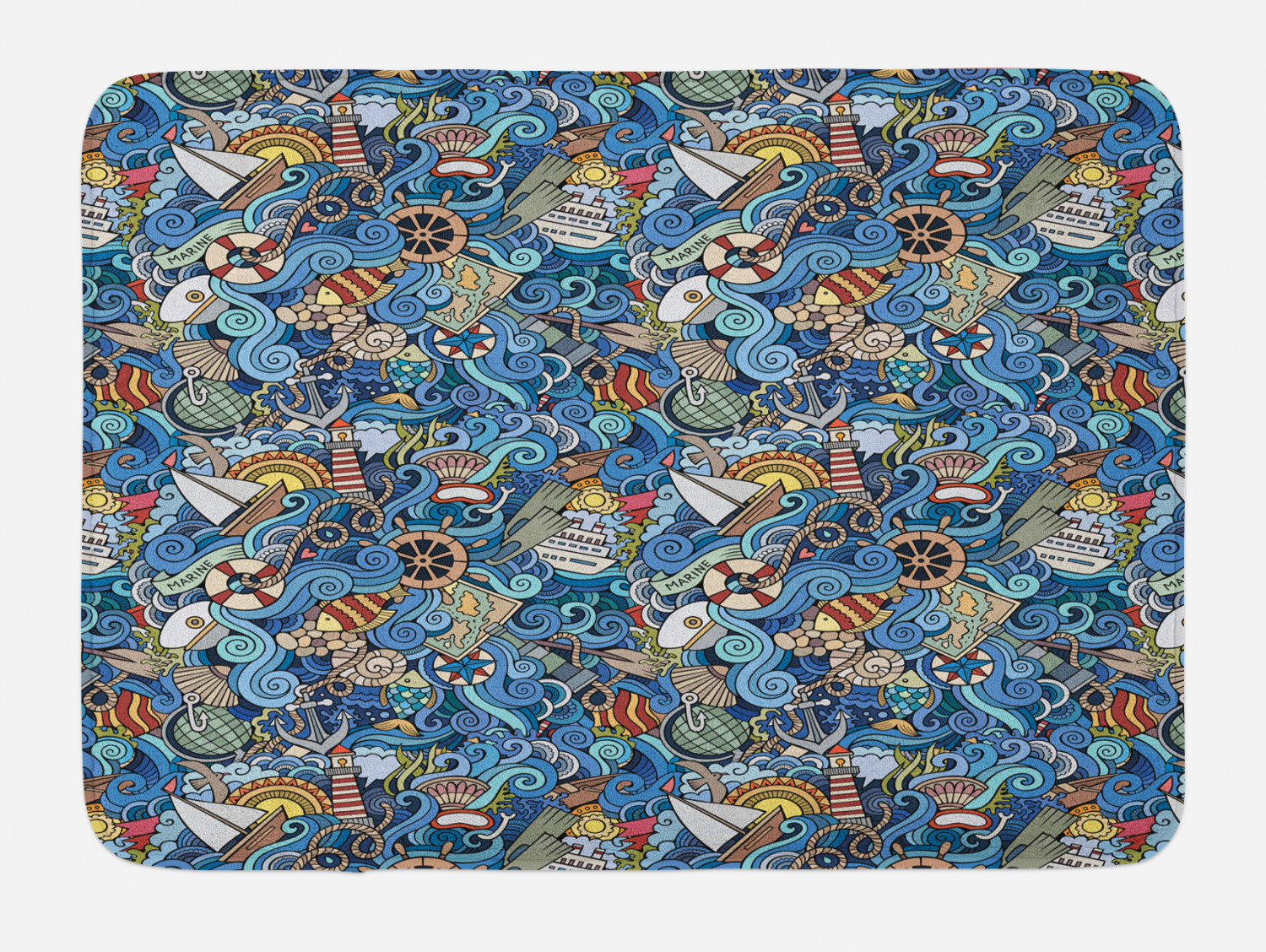Nautical Bath Mat, Abstract Pattern Sea Shells Sea Horse Corals Fish ...