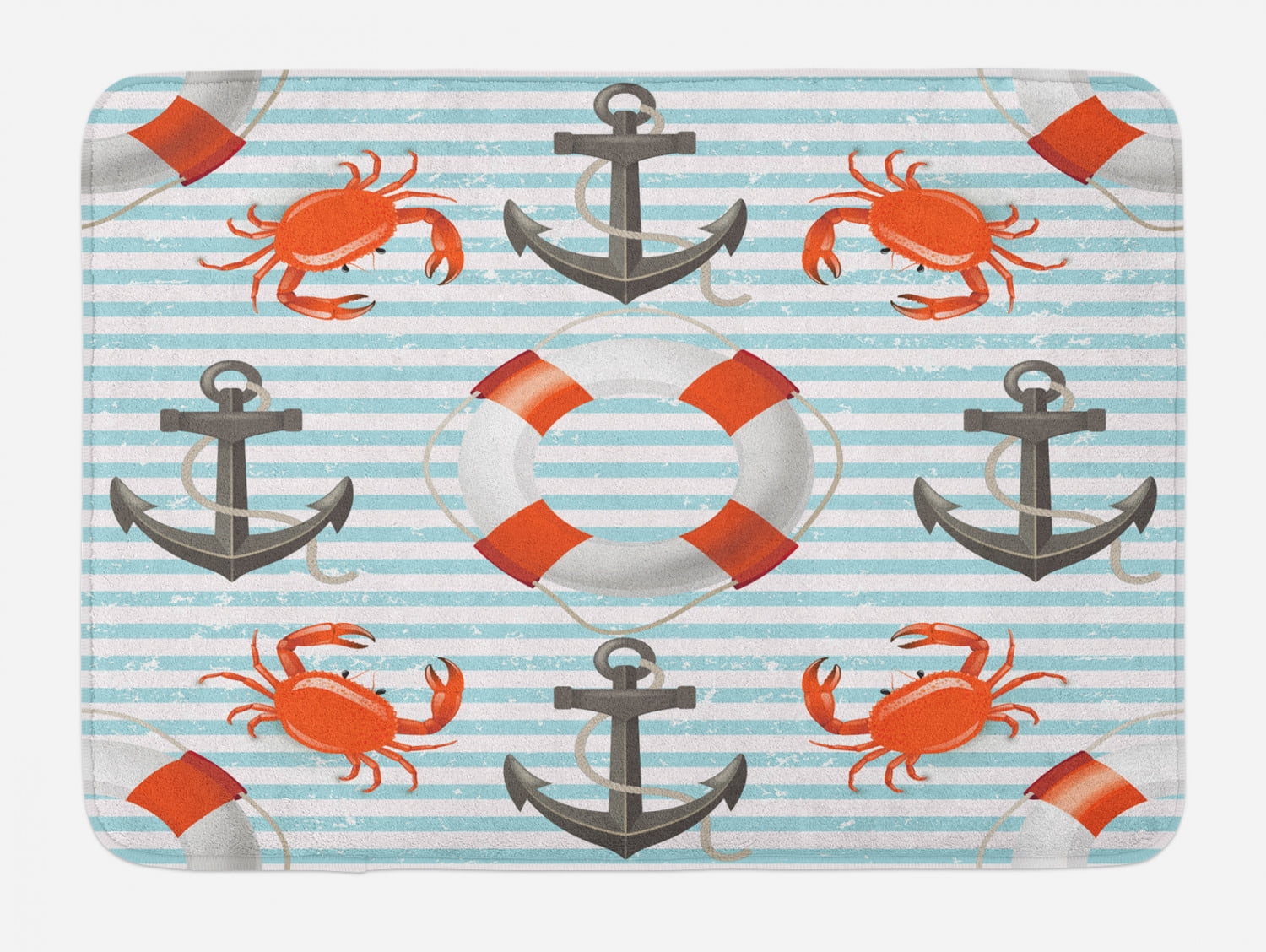 Nautical Bath Mat, Life Rings Anchor And Ropes Ocean Crabs Coastal ...