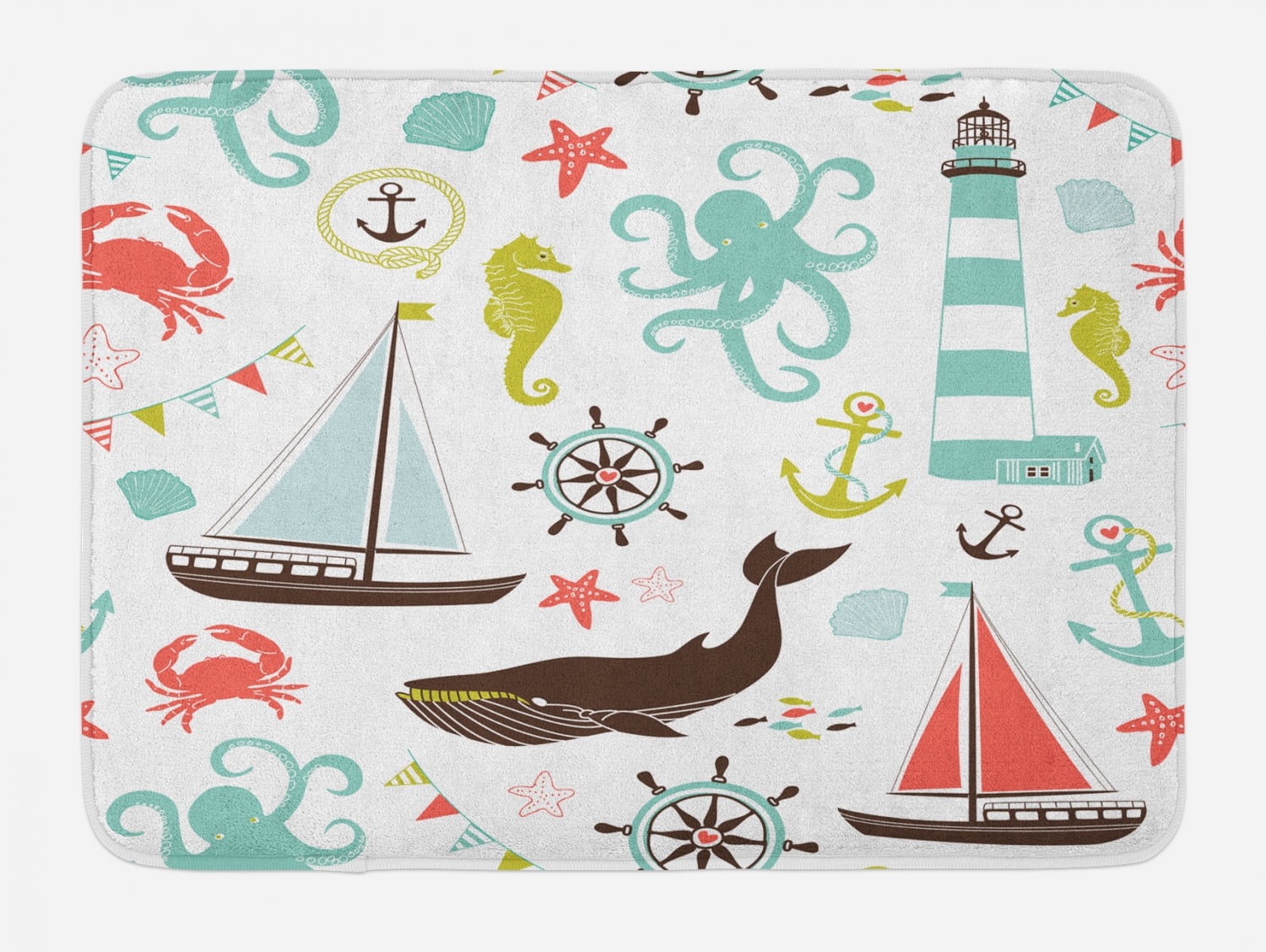 Nautical Bath Mat, Pastel Colored Composition of Lighthouse Sailboat ...