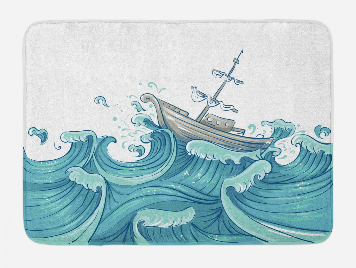 Nautical Bath Mat, Ship Being Tossed by Giant Ocean Waves Aquatic Old ...