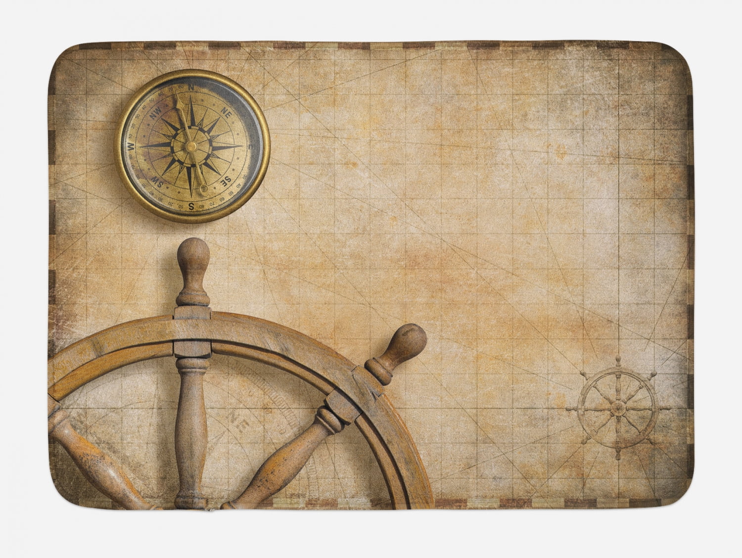 Nautical Bath Mat, Steering Wheel and Compass Vintage Map Setting ...