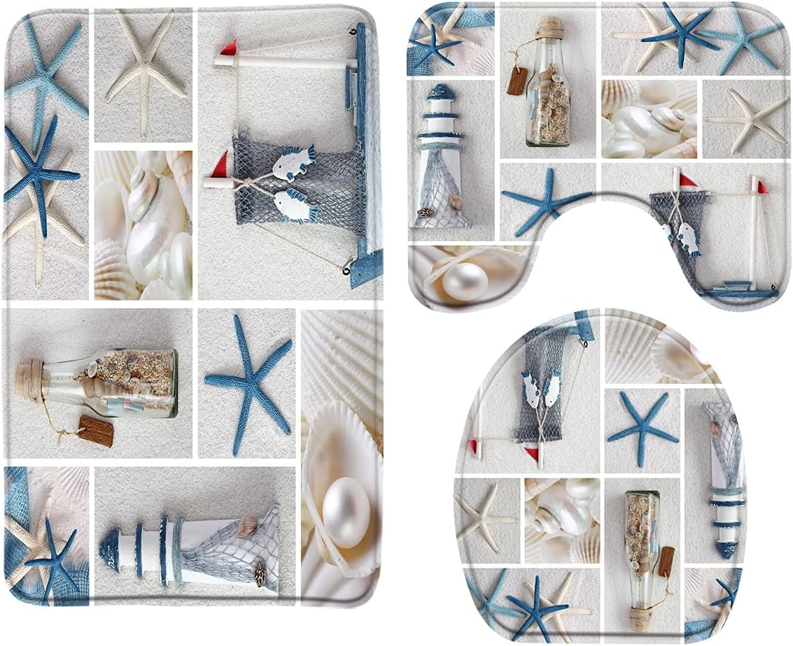 Nautical Bath Rug 3 Piece StarBeach Seashell Lighthouse OceanTheme Sea ...
