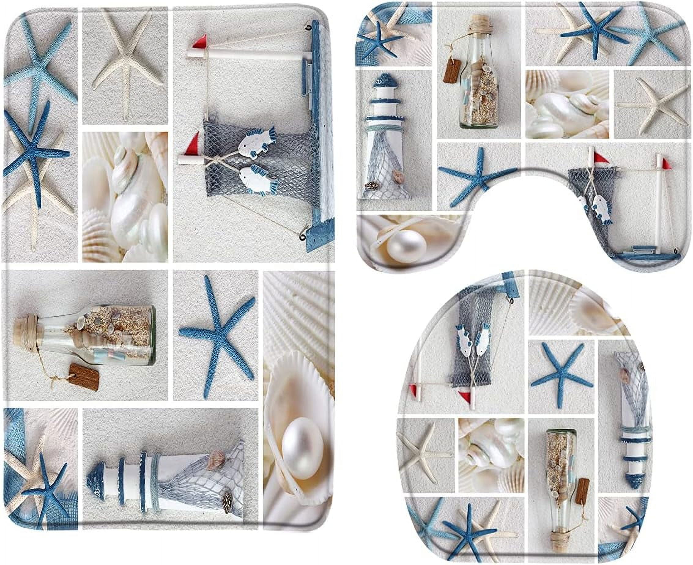 Nautical Bath Rug 3 Piece Starfish Beach Seashell Lighthouse OceanTheme ...