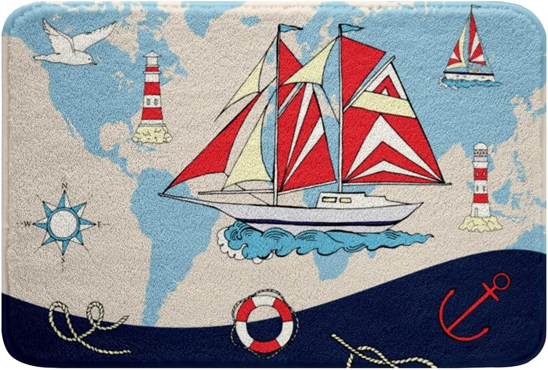 Nautical Bathroom Rugs Bath Mat Sailboat Decor Soft Plush Red Star Fish ...