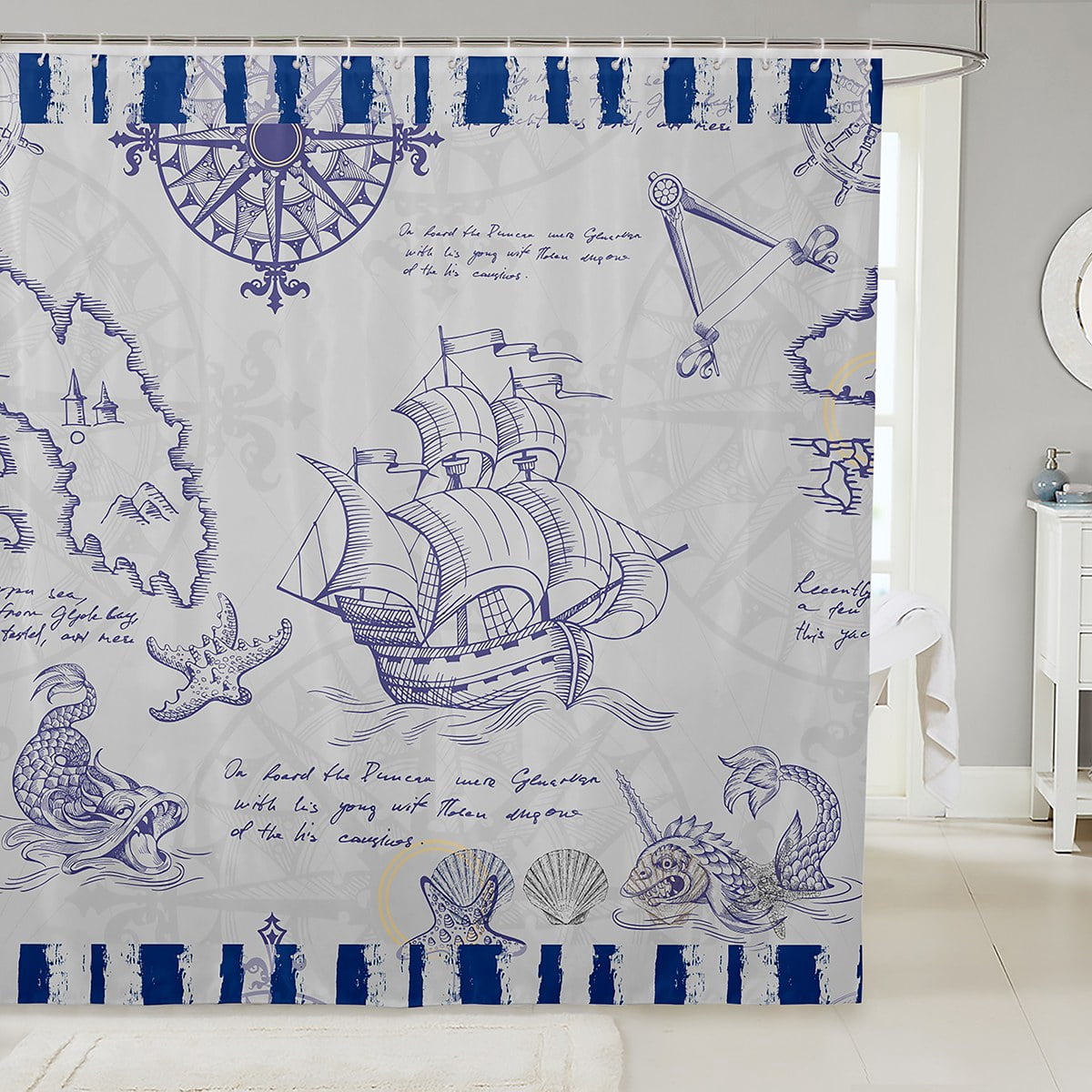 Nautical Bathroom Shower Curtain Sets, World Map Shower Curtain Navy ...