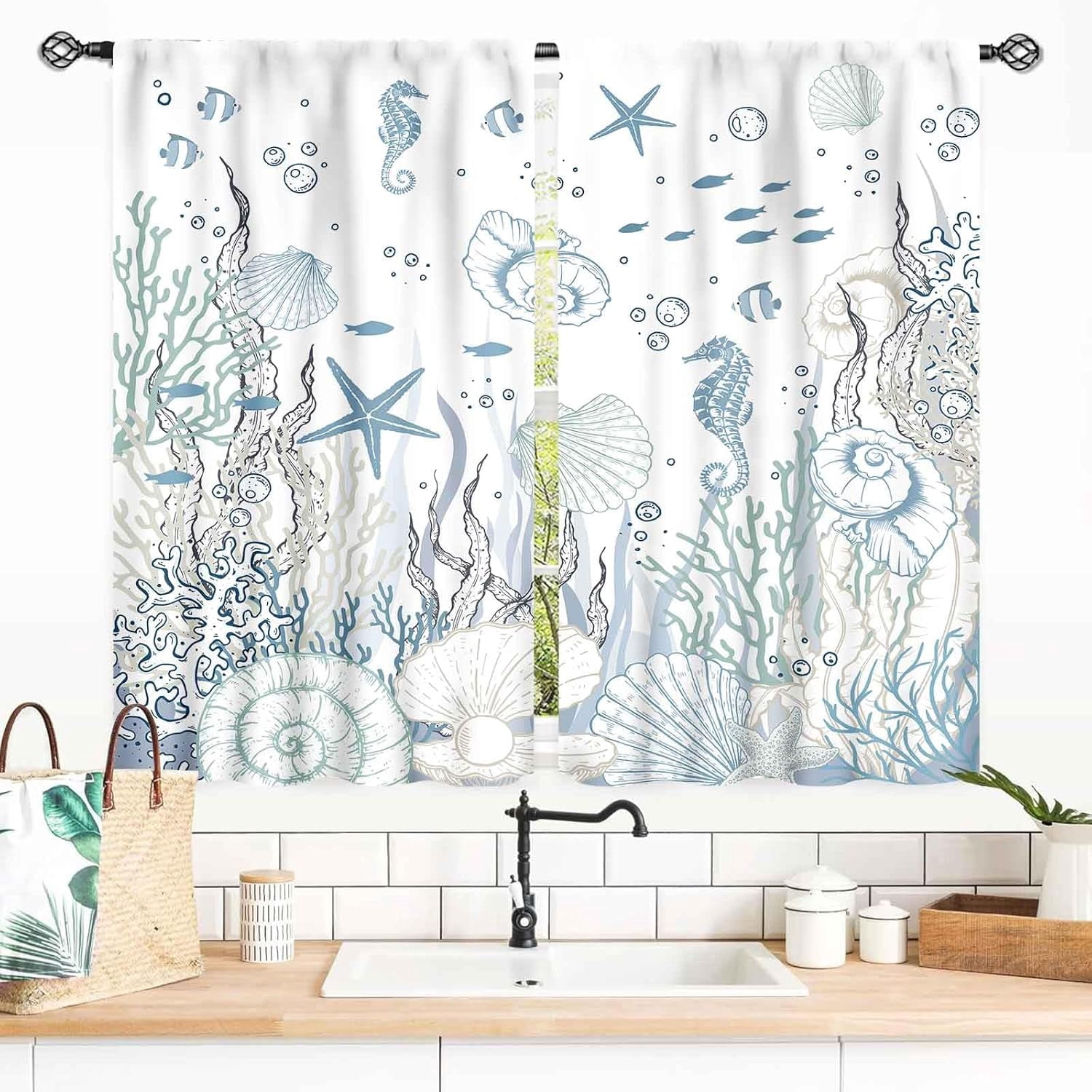 Nautical Beach Curtains, Coastal Seahorse Sea Turtle Starfish Seashell ...
