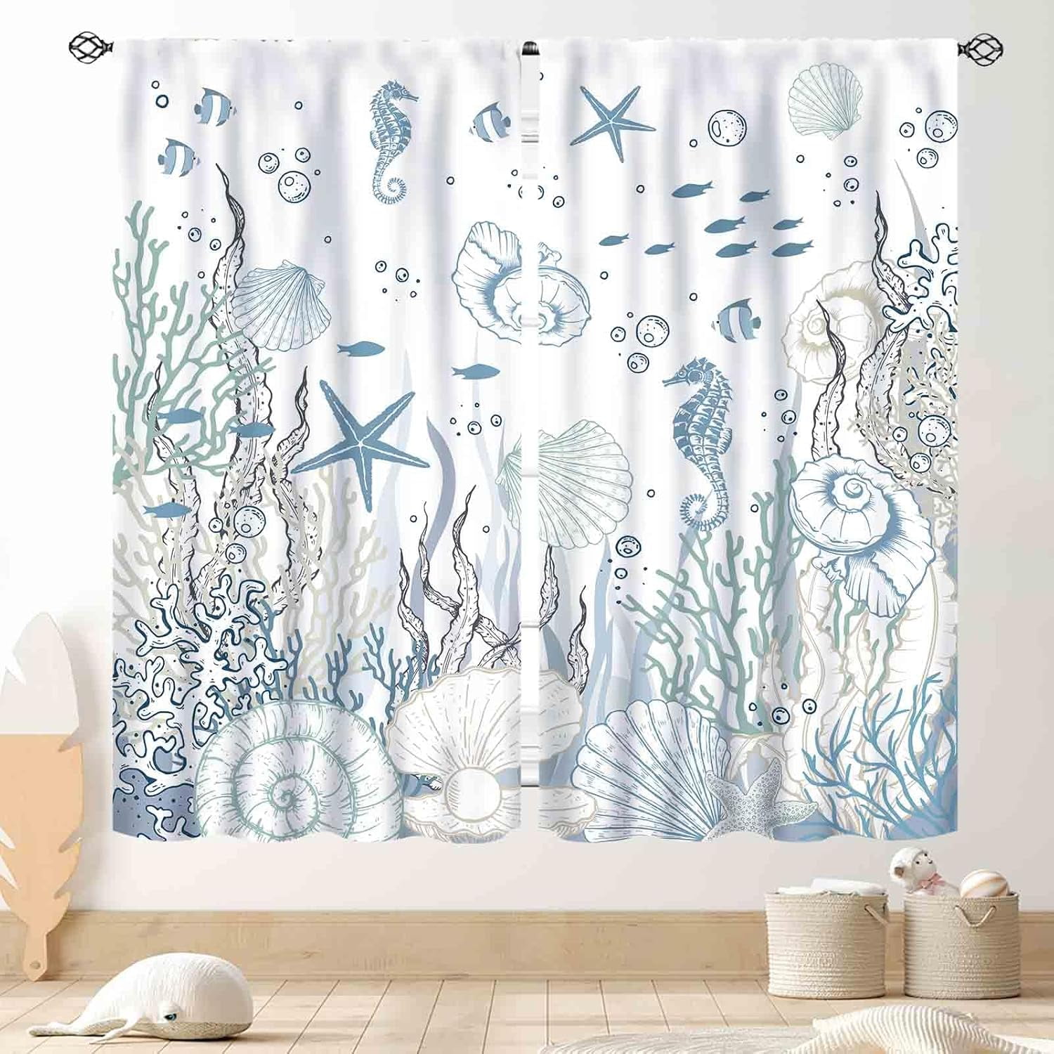 Nautical Beach Curtains, Coastal Seahorse Sea Turtle Starfish Seashell ...