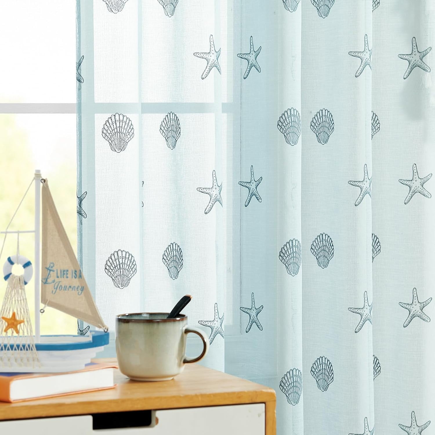 Nautical Beach House Curtains with Seashell Starfish Pattern, Blue ...
