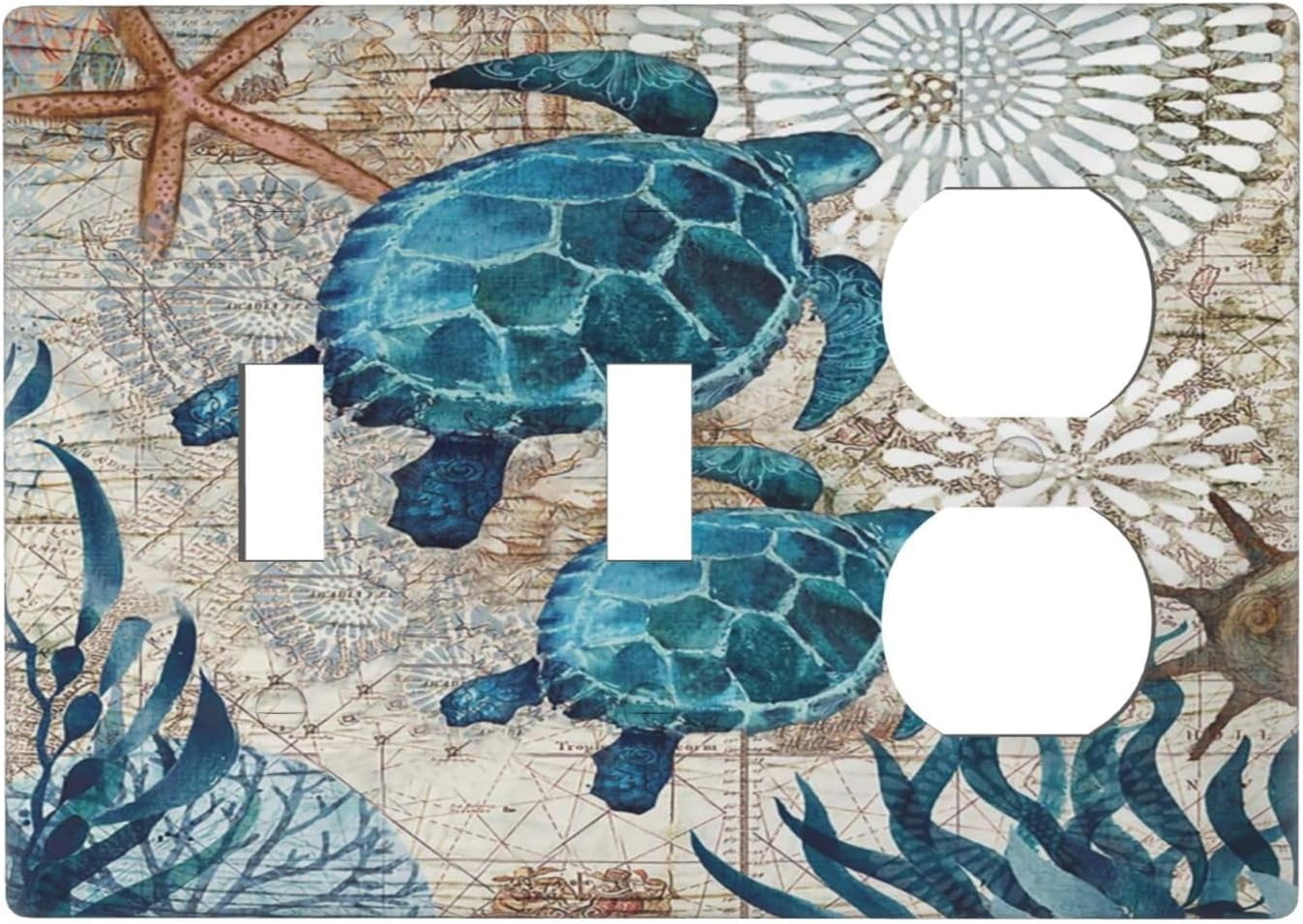 Nautical Beach Ocean Blue Turtle 3 Gang 2 Toggle 1 Duplex Combination ...