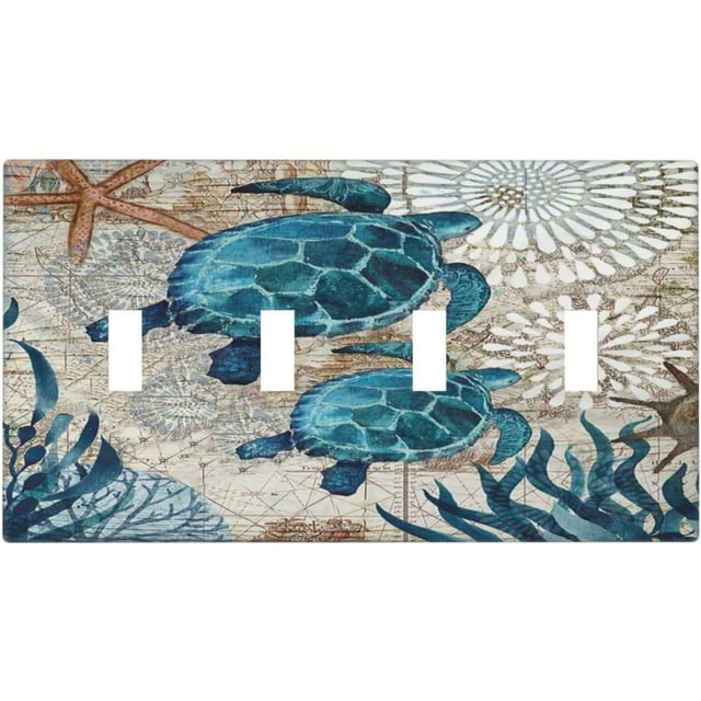 Nautical Beach Ocean Blue Turtle 4 Gang Quad Toggle Light Switch Cover ...