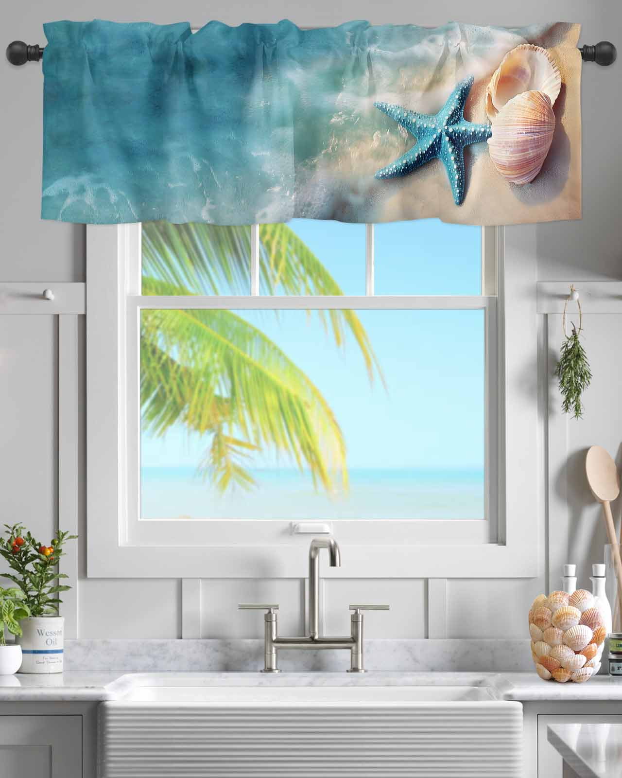 Nautical Beach Shells Starfish Curtain Valances for Kitchen Windows,Rod ...