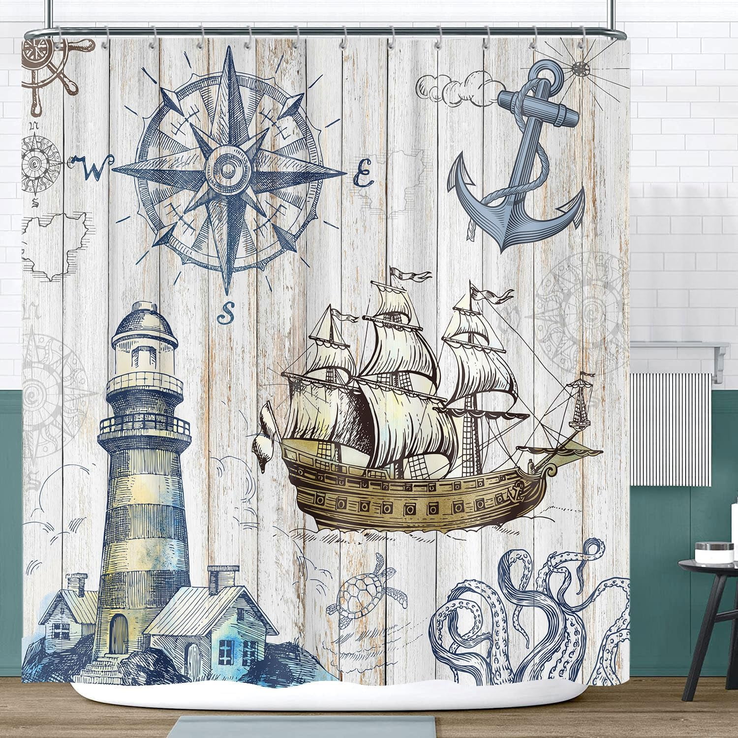 Nautical Beach Shower Curtain, Sailboat Lighthouse Compass Anchor ...