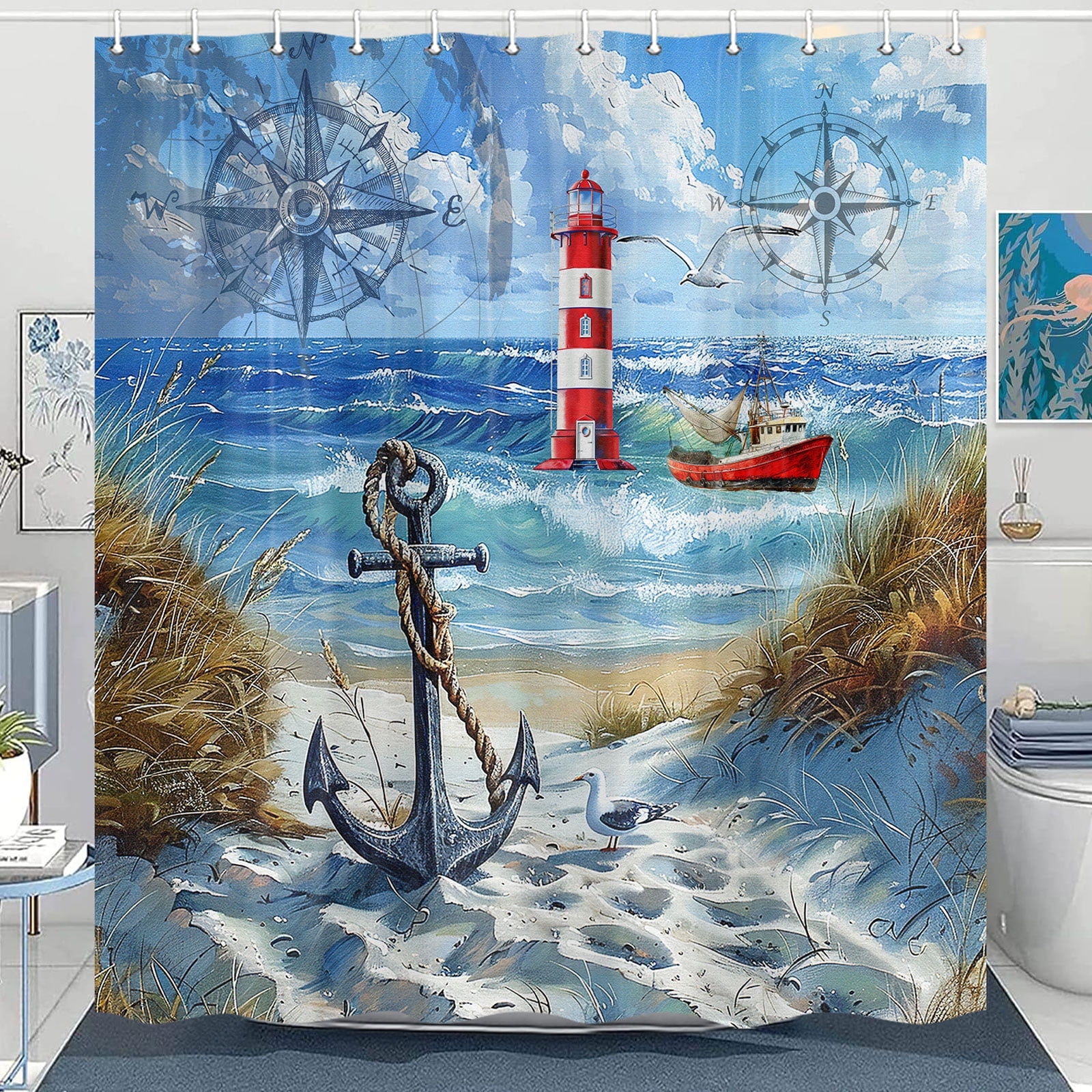 Nautical Beach Shower Curtains for Bathroom, Lighthouse Ocean Coastal ...