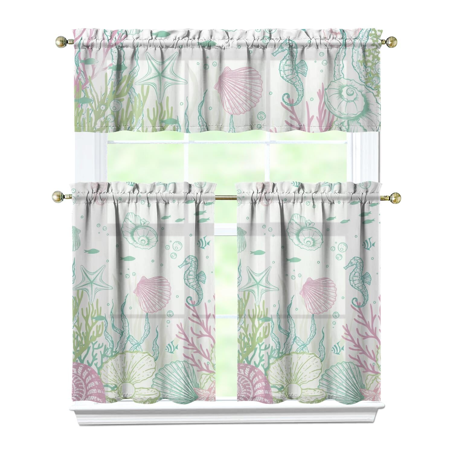 Nautical Beach Tier Curtains 3-Piece Set, Cute Spiral Seashell & Fish ...