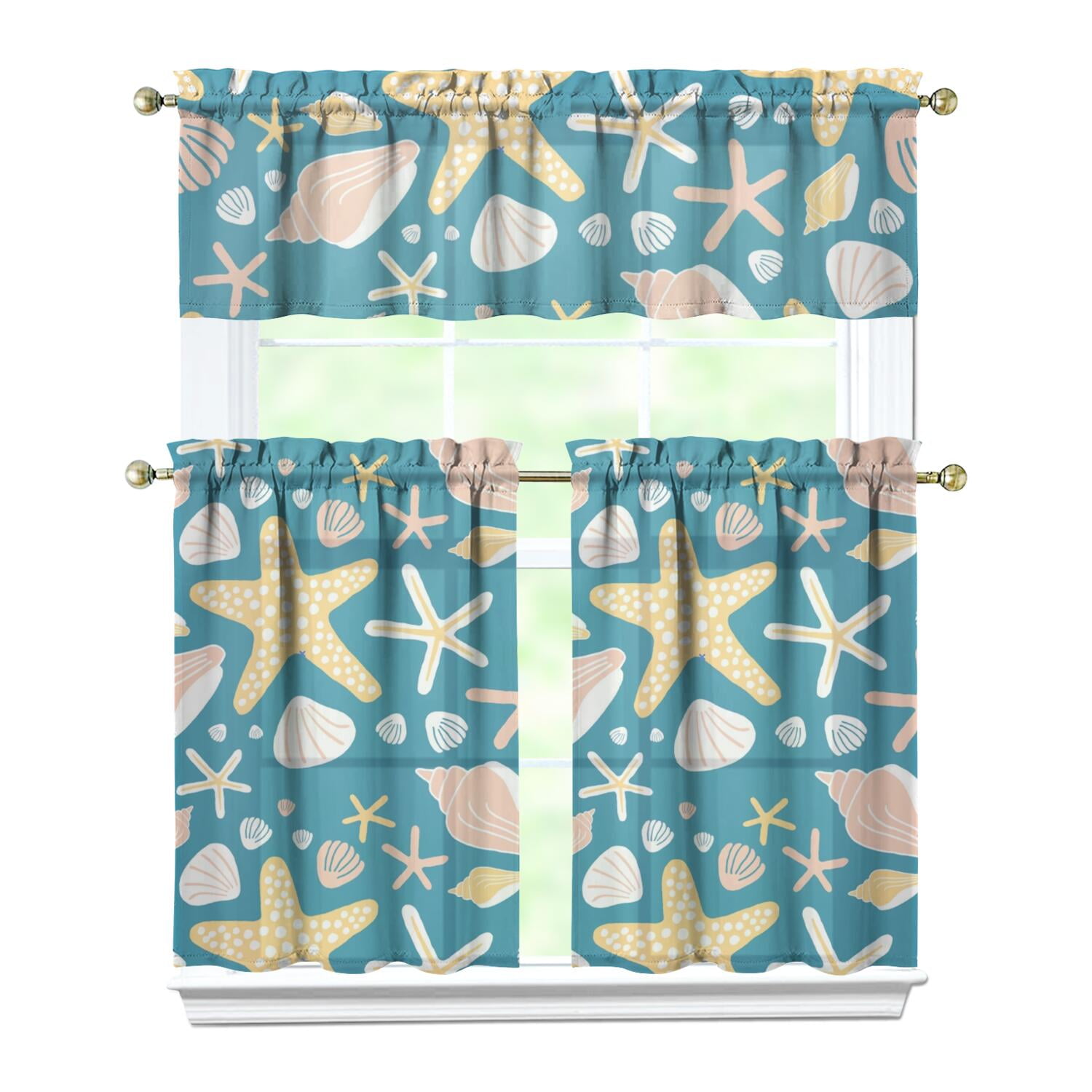 Nautical Beach Tier Curtains 3-Piece Set, Cute Spiral Seashell & Fish ...