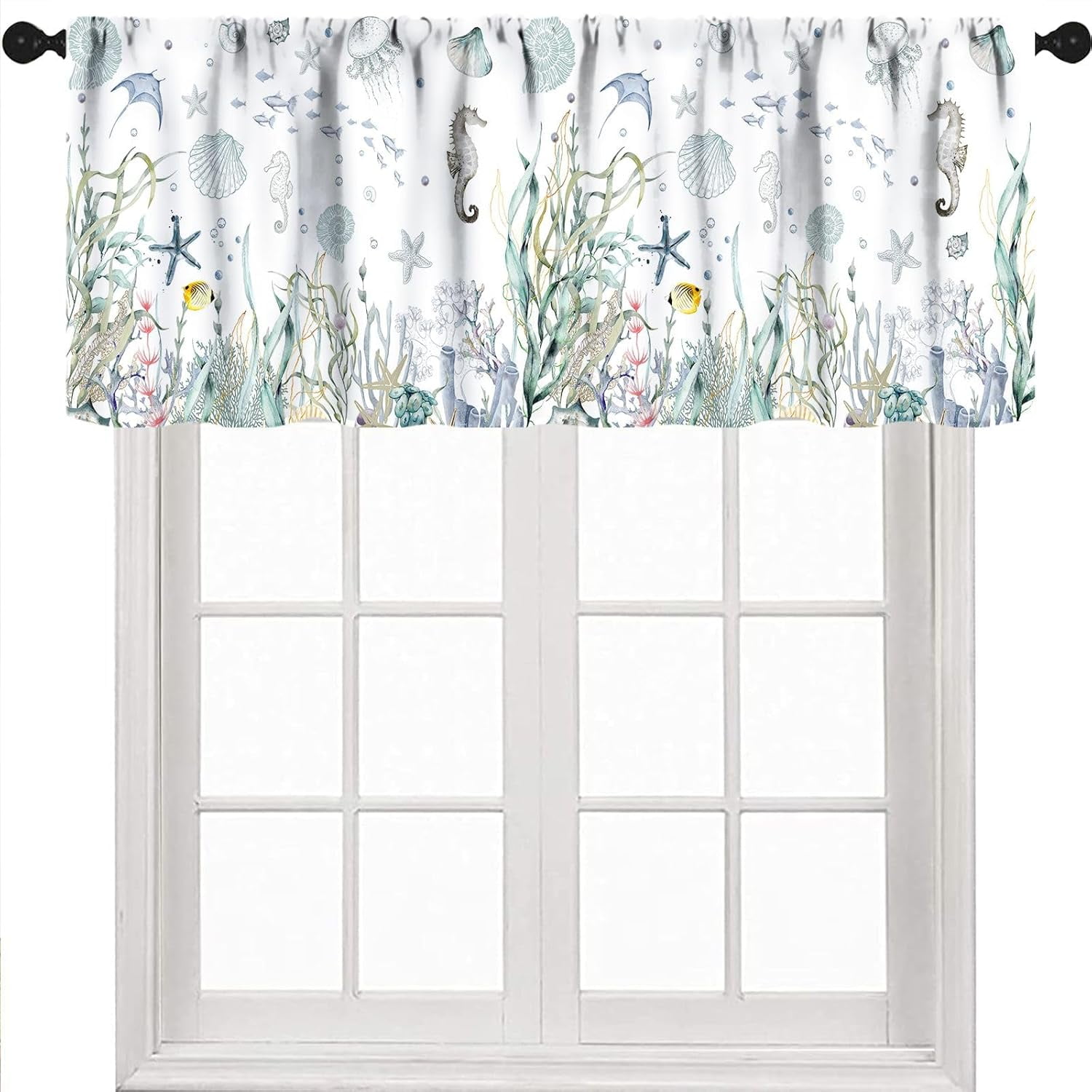 Nautical Beach Window Valance,Summer Coastal Seahorse Undersea Animal ...