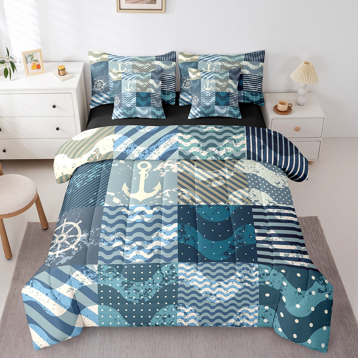 Nautical Bed in a Bag Queen Comforter Set 7 Piece,Ocean Waves Bedding Sets Ship Anchor Sheet Set ...