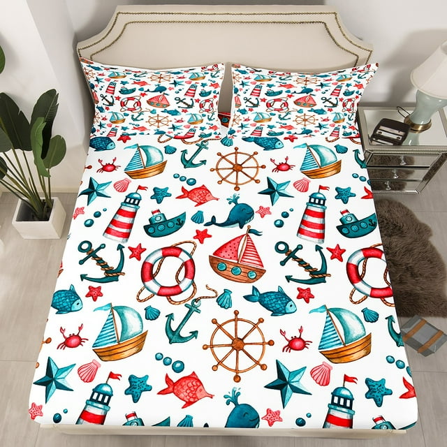 Nautical Bed Sheets Retro Sailboat Bedding Set Boat Anchor Fitted Sheet Twin,Vintage Steering ...