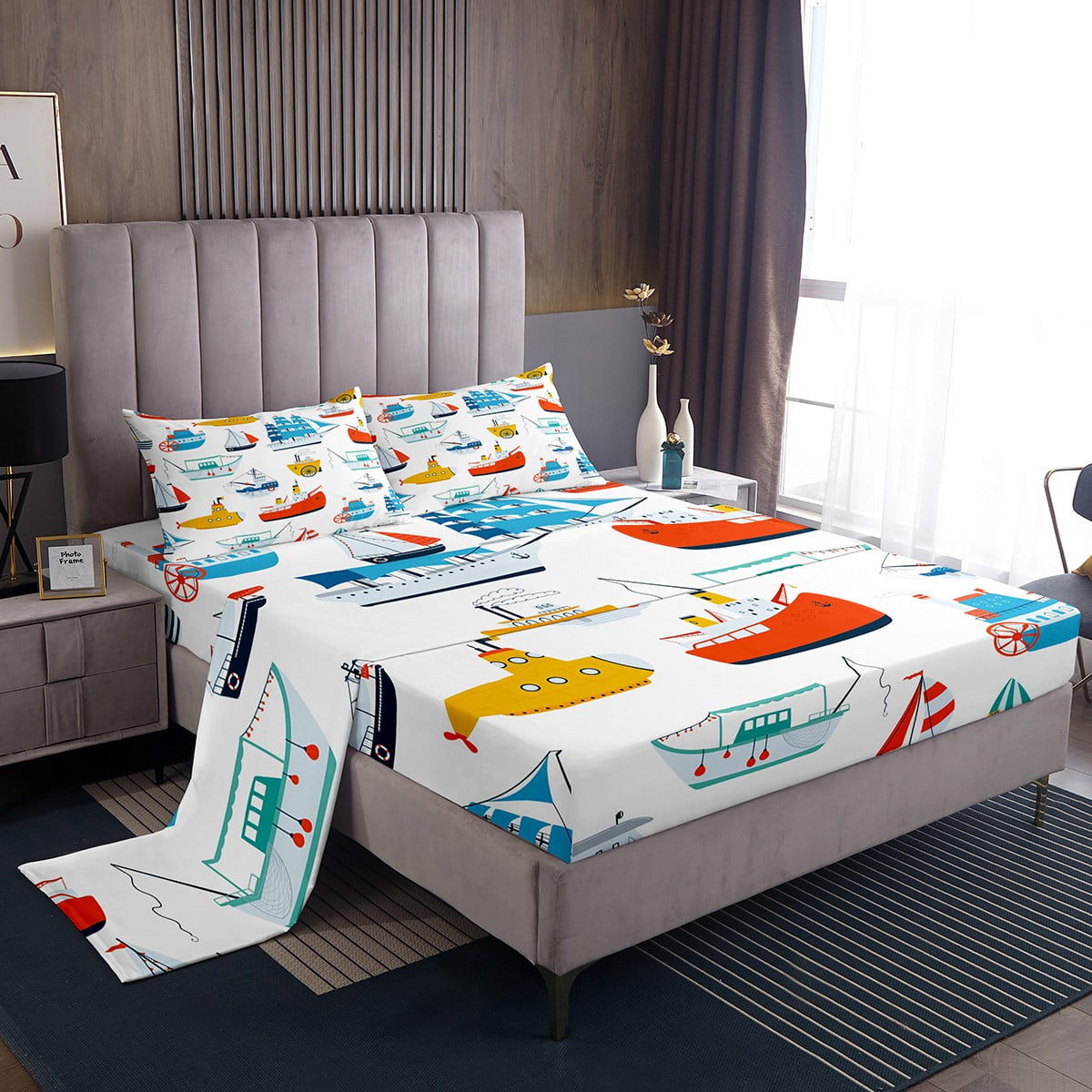Nautical Bed Sheets Set Retro Sailboat King Sheet Set,Steamship Flat ...