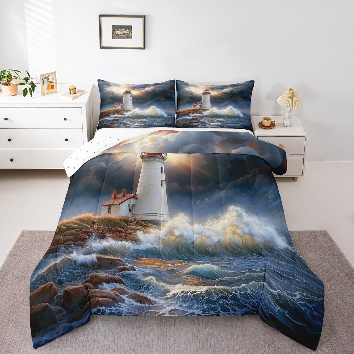 Nautical Bedding Set,Coastal Lighthouse Down Comforter Ocean Island ...