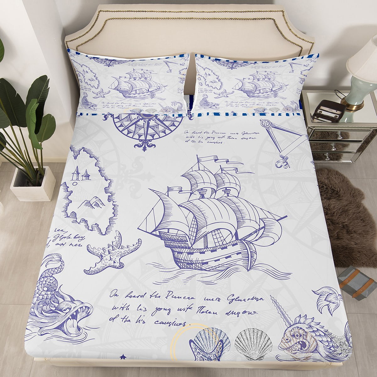 Nautical Bedding Set Full, World Map Fitted Sheet Teens, Navy Blue ...