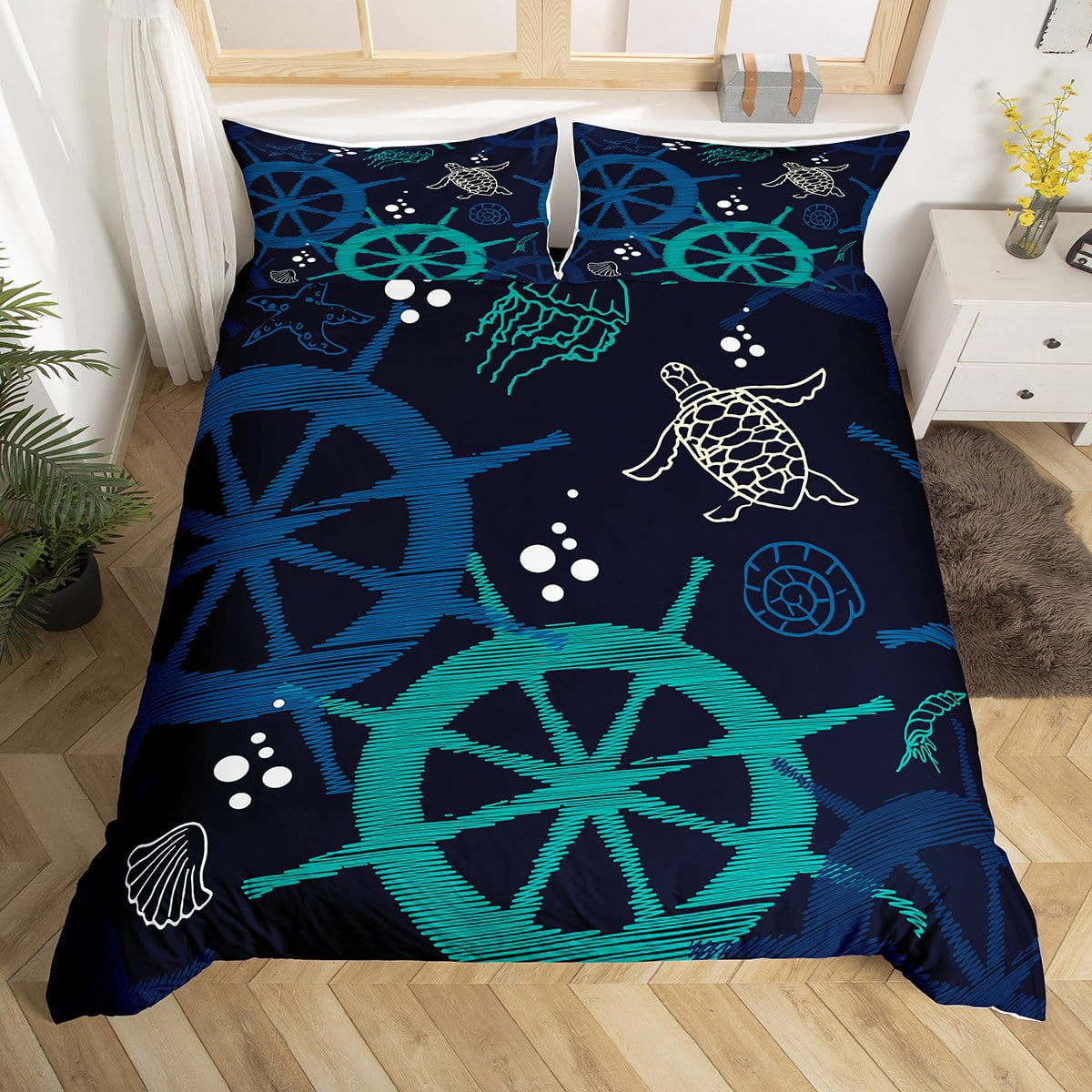Nautical Bedding Set Queen, Cartoon Sea Turtle Jellyfish Duvet Cover for Kids Boys Girls, Marine ...