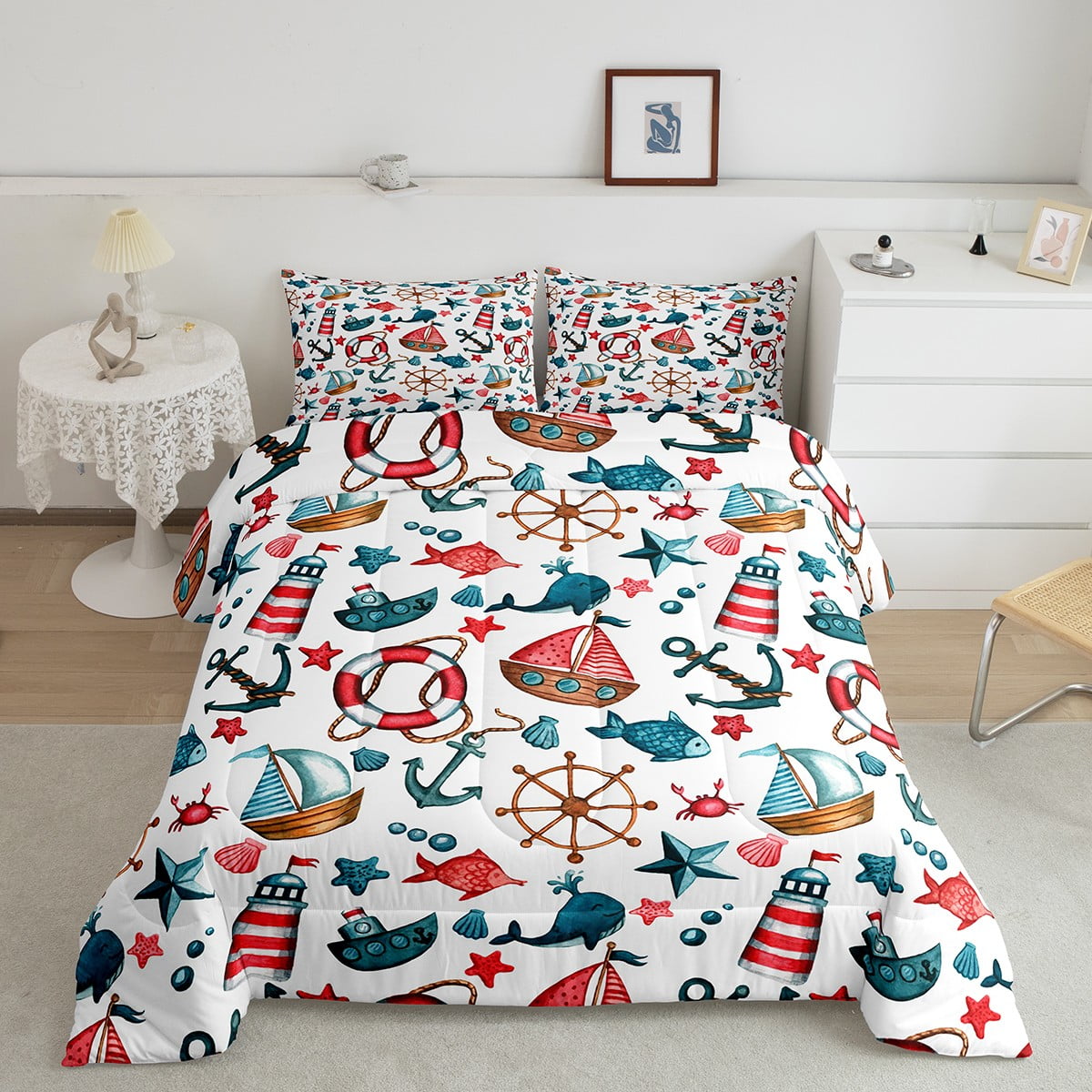 Nautical Bedding Set Retro Sailboat Quilt Boat Anchor Comforter Set Twin,Vintage Steering Wheel ...