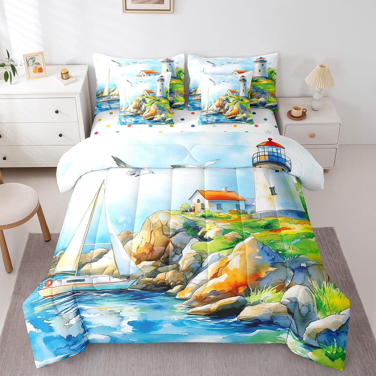 Nautical Bedding Set,Sea Lighthouse Bed In A Bag With Sheets Seagull ...