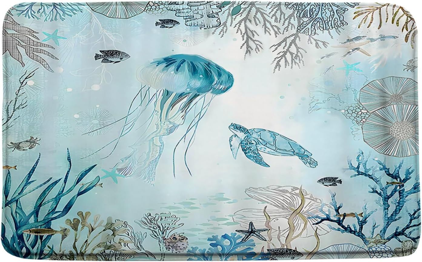 Nautical Biological Bath Mat Blue Jellyfish Ocean Sea Turtles Beach ...