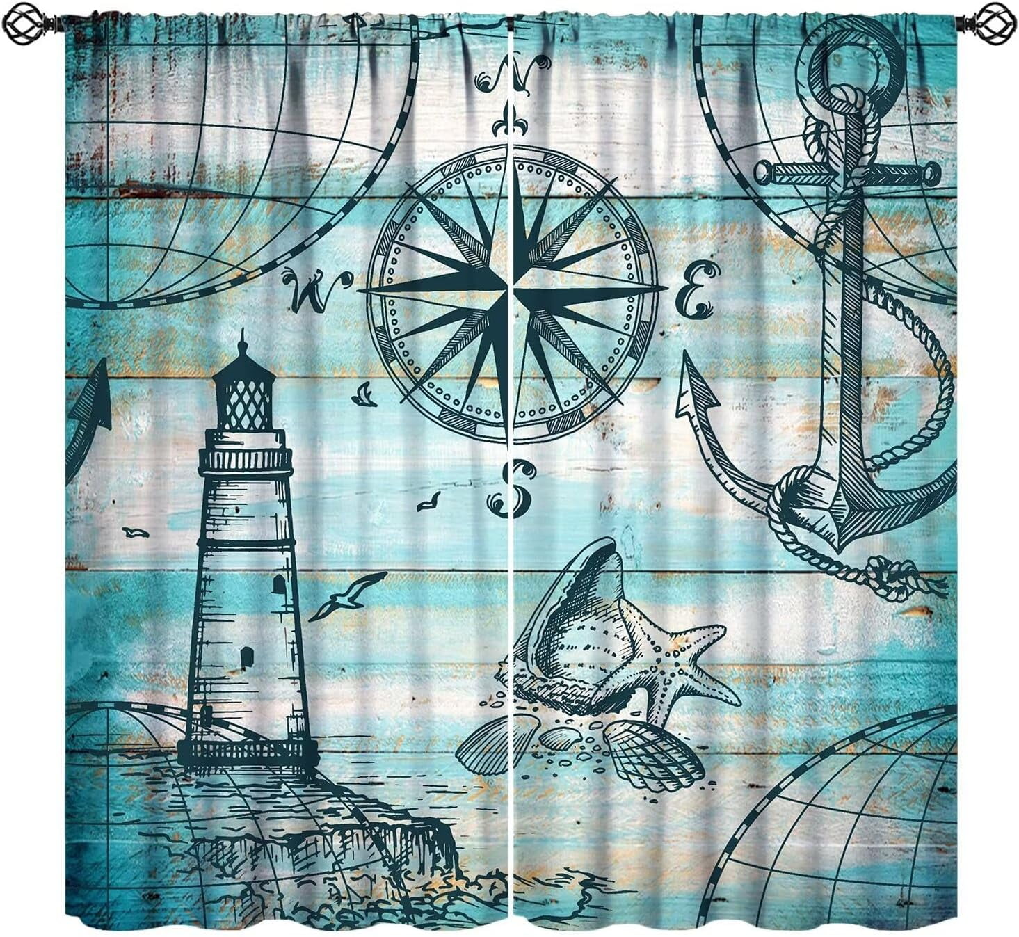 Nautical Blackout Curtains Blue Vintage Old Planks Anchor Lighthouse ...