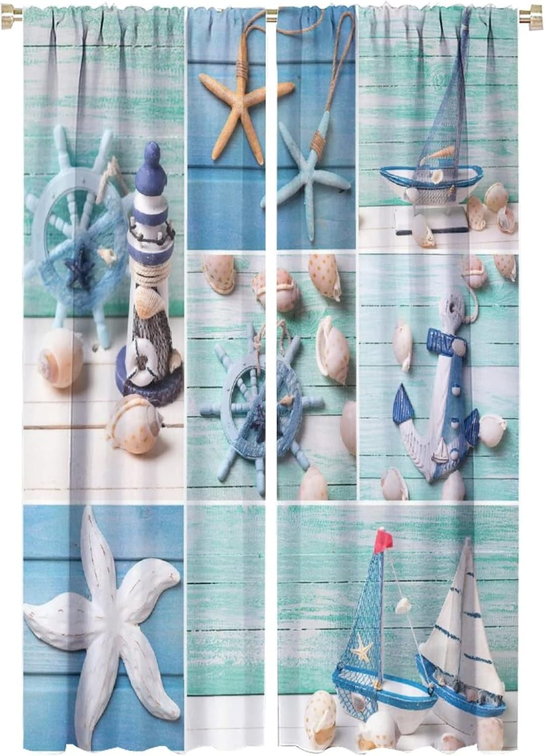 Nautical Blackout Windows Curtains, Lighthouse Anchor Rudder Theme ...