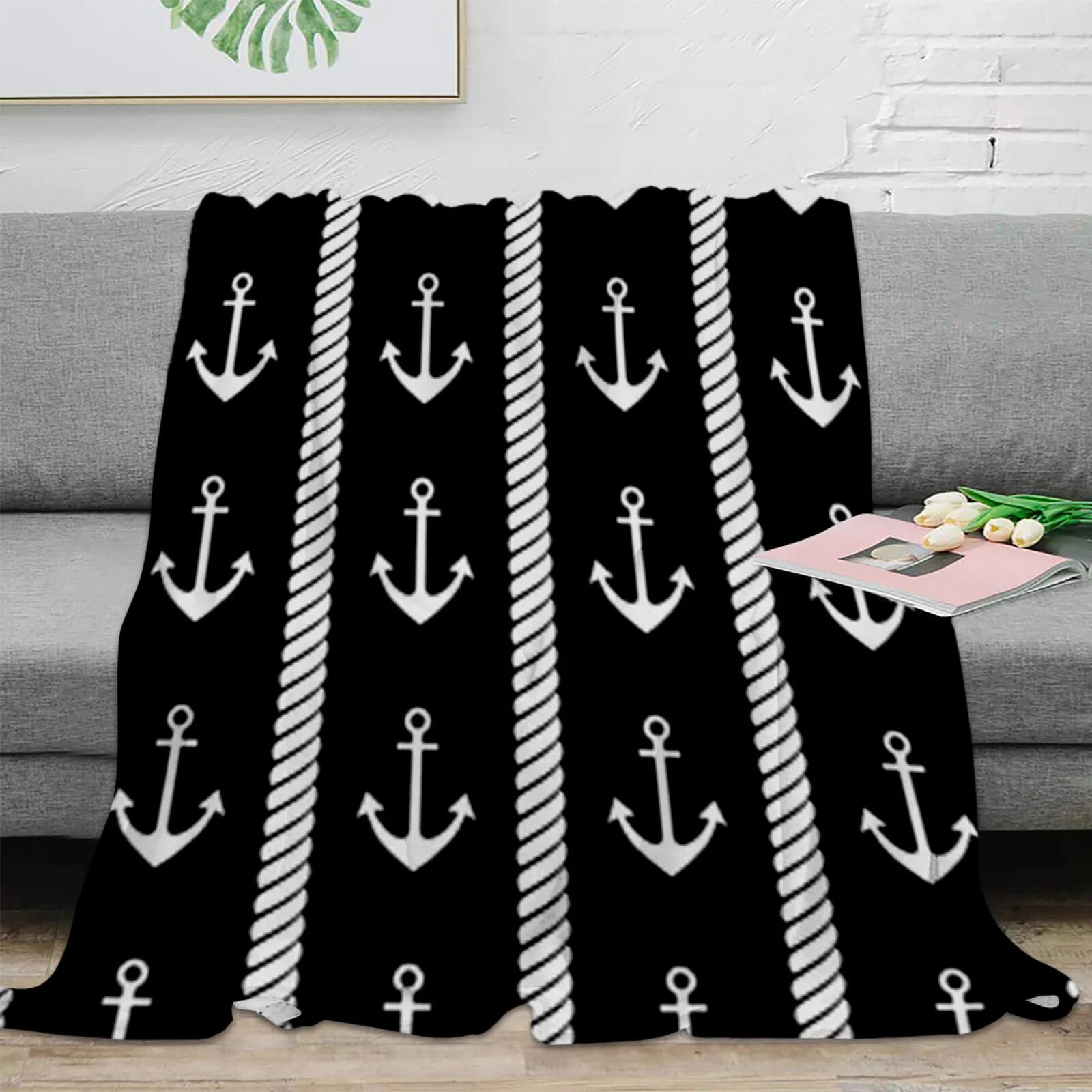 Nautical Blue Anchor Rudder Boat Fish Lighthouse Flannel Blanket Travel ...