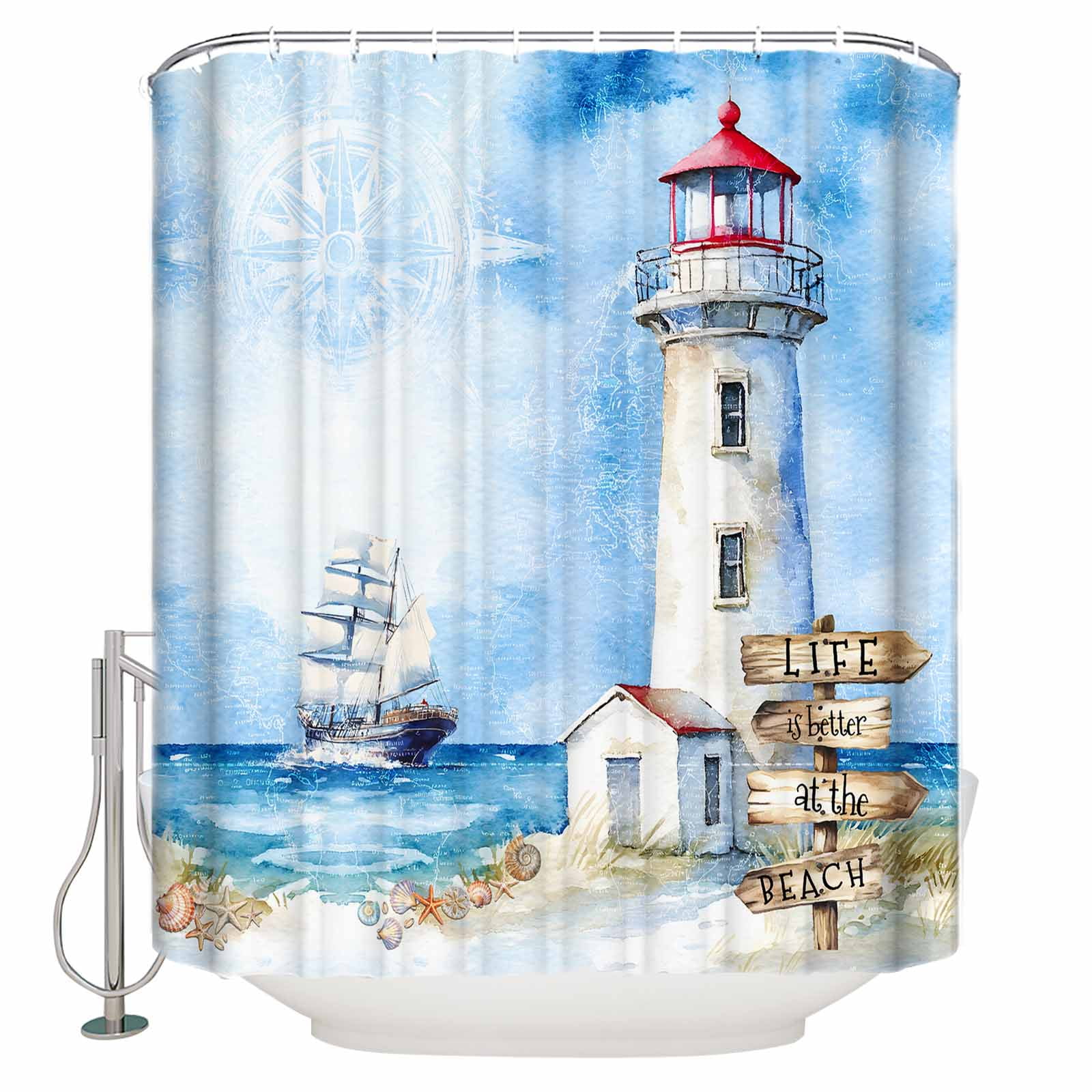 Nautical Blue Bathroom Shower Curtains with 12 Hooks Polyester ...