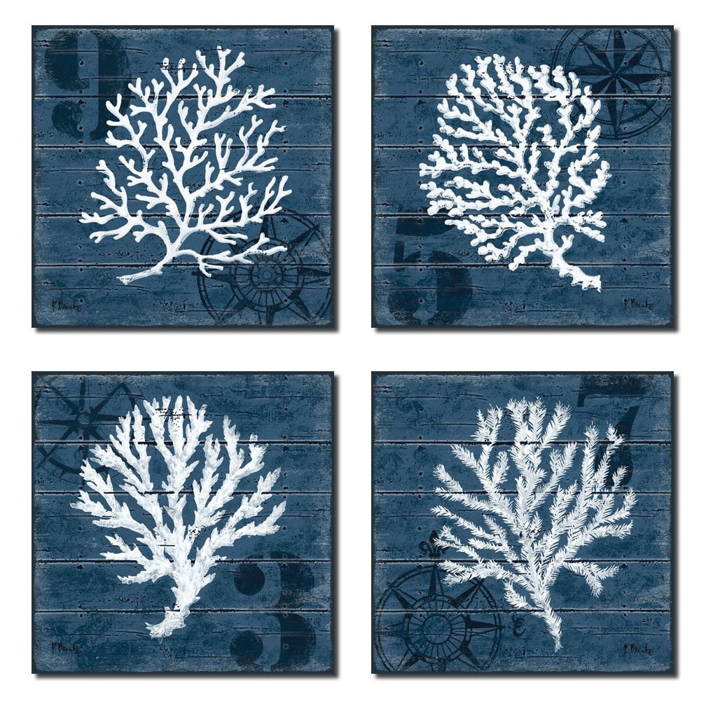 Nautical Blue Coral Nautical Signs Adult Coastal Decor; 4- 12" x 12 ...