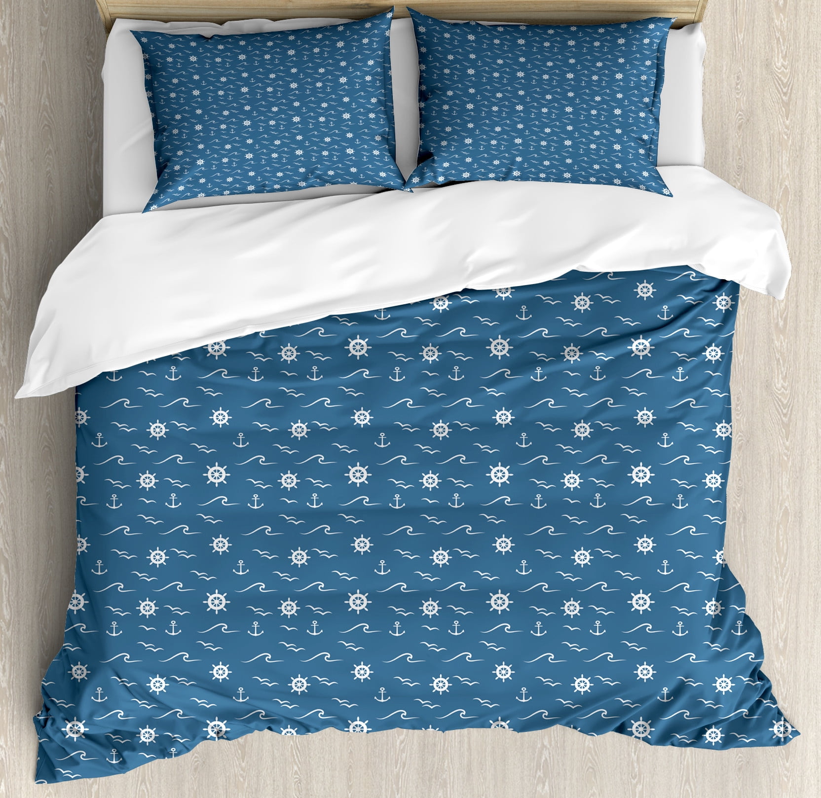 Nautical Blue Duvet Cover Set, Monochromatic Art of Marine Wheel Anchor ...
