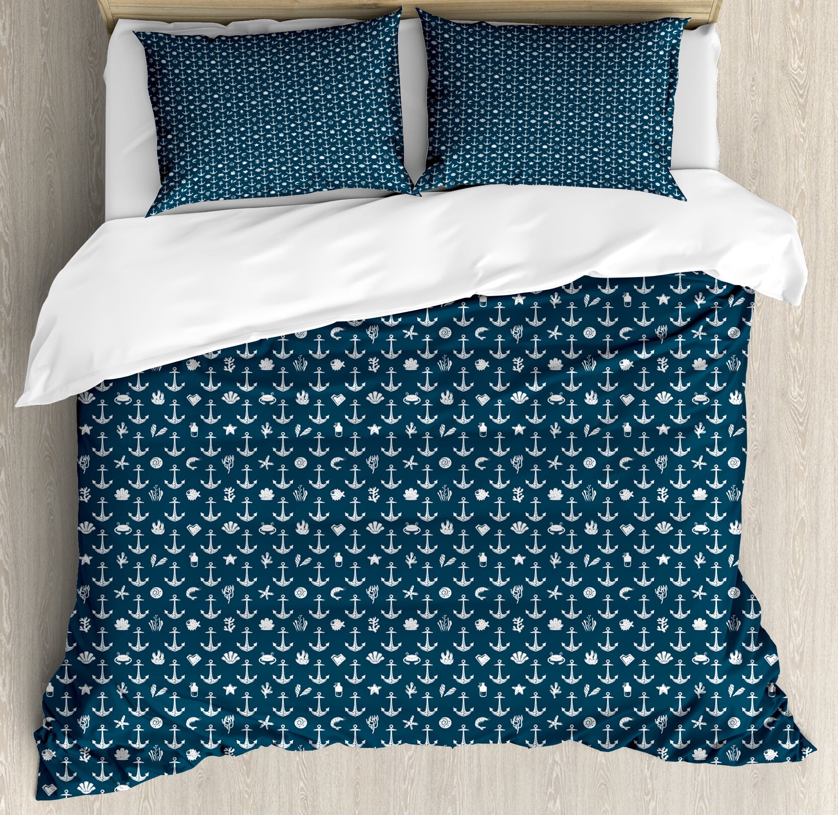 Nautical Blue Duvet Cover Set, Repetitive Anchor Starfish Coral and ...