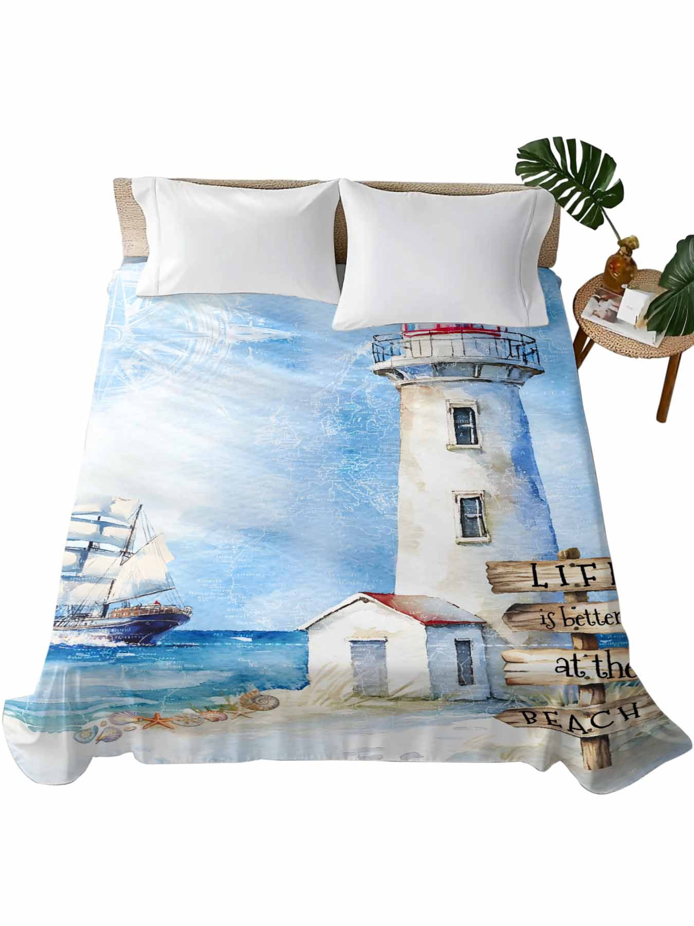 Nautical Blue Flat Sheets Only California King Size, Soft Breathable ...