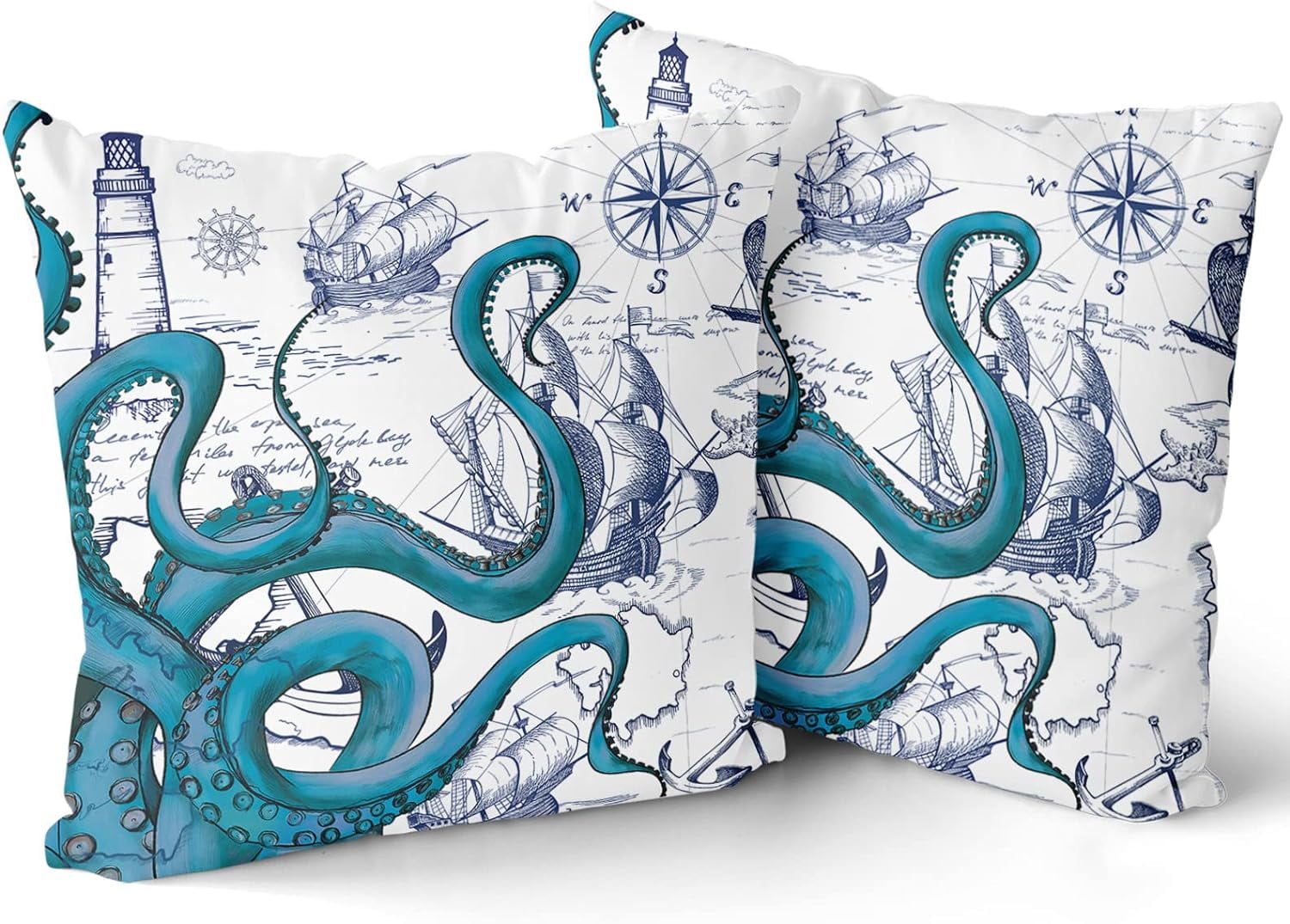 Nautical Blue Octopus Pillow Covers 18X18 Inch Funny Coastal Sailboat ...