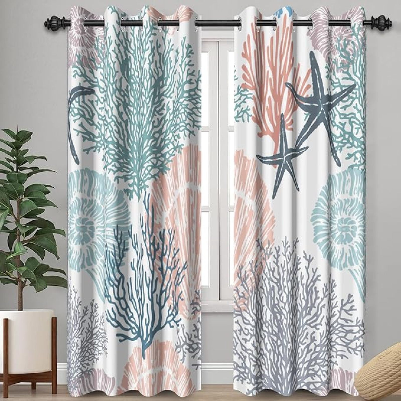 Nautical Blue Pink Curtains, Starfish Coral Print Sea Blackout Thermal ...