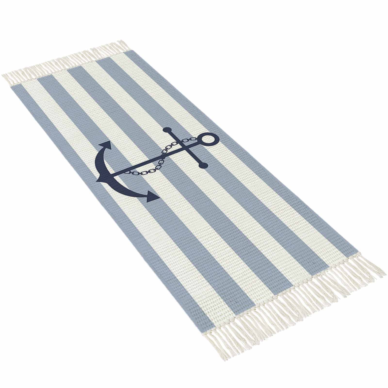 Nautical Blue Stripe Kitchen Runner Rug 2x4 Bedside Rug with Tassel ...
