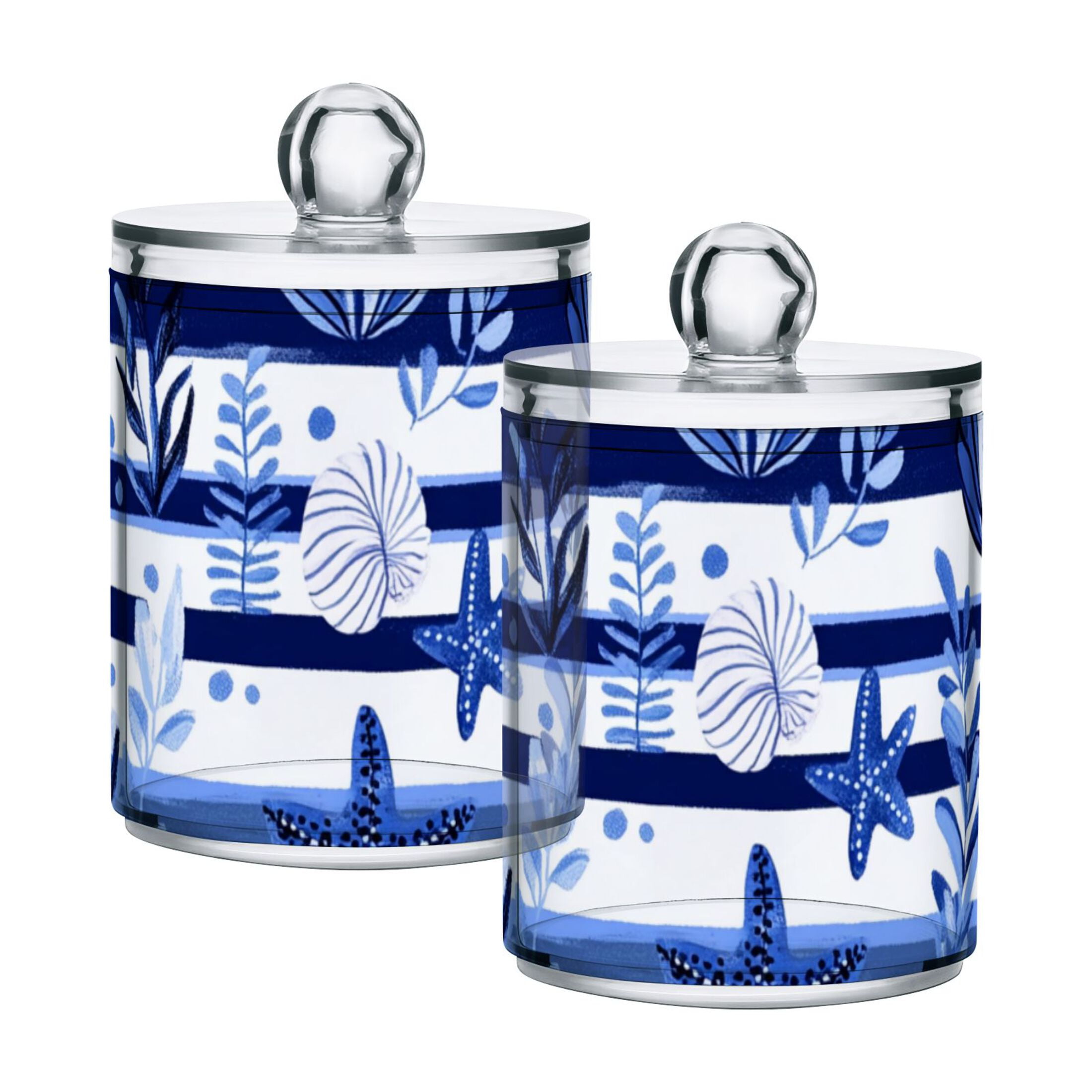 Nautical Blue Stripes Leaves Starfishes Shells Translucent Plastic Cans ...